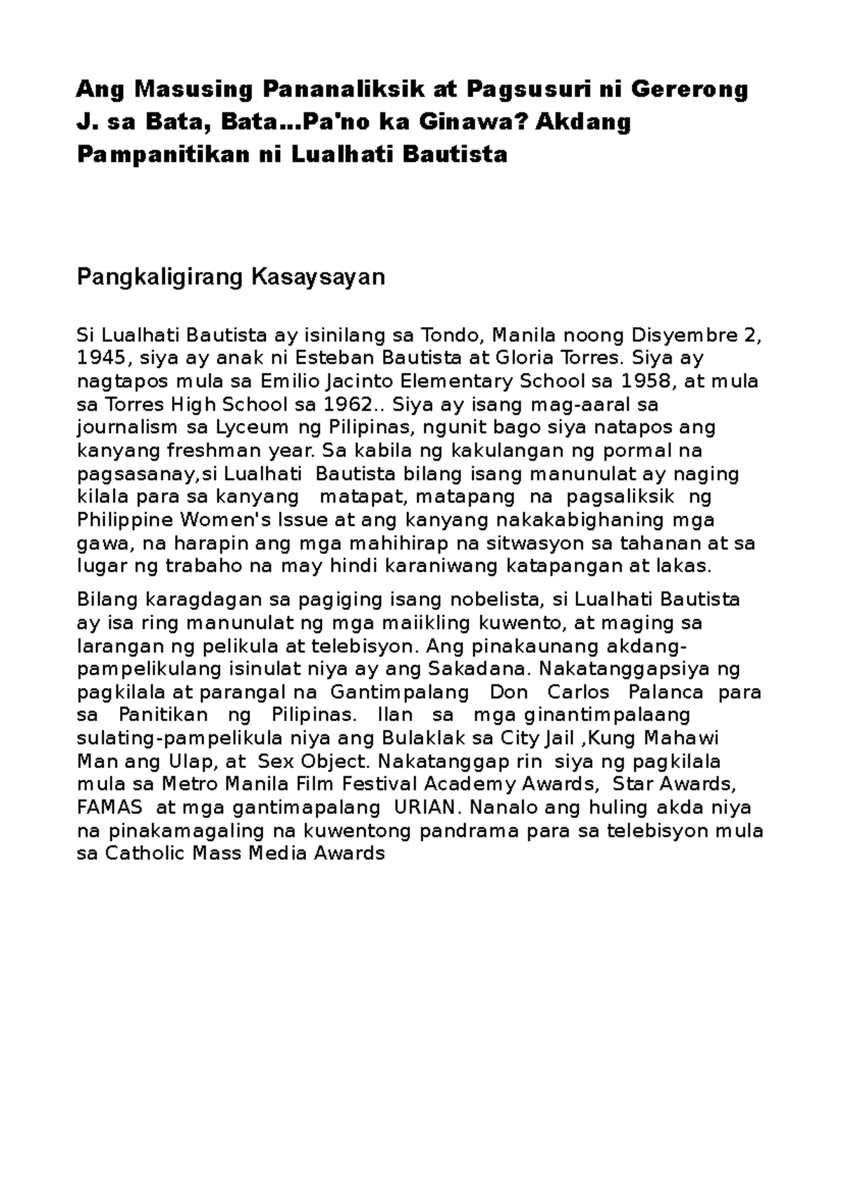 Ang Pananaliksik ni Gererong J. sa Kwento ni Lea - Ang Masusing ...