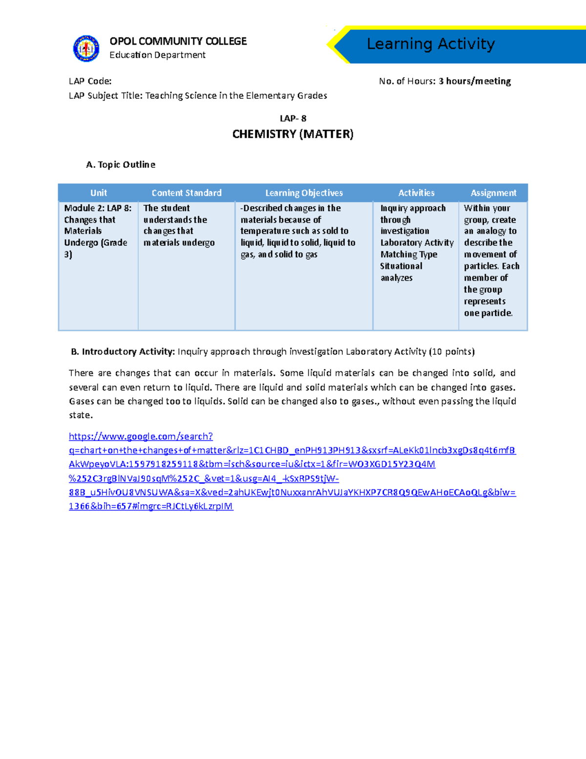 LAP 8 Changes that mat undergo Gr 3 - Education Department LAP Code: No ...