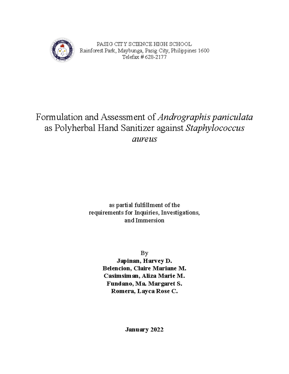 Formulation and Assessment of Andrographis paniculata as Polyherbal ...