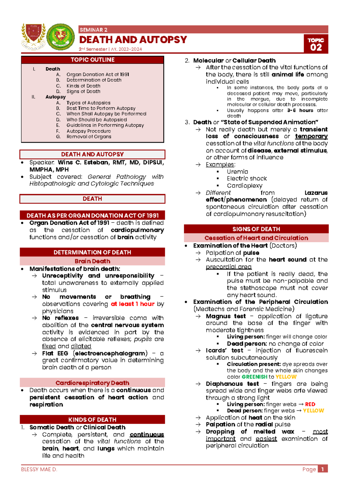 SEM 2-Topic 02-Autopsy - 02 SEMINAR 2 2 nd Semester | AY. 2023- 2024 DEATH AND AUTOPSY DEATH AND ...