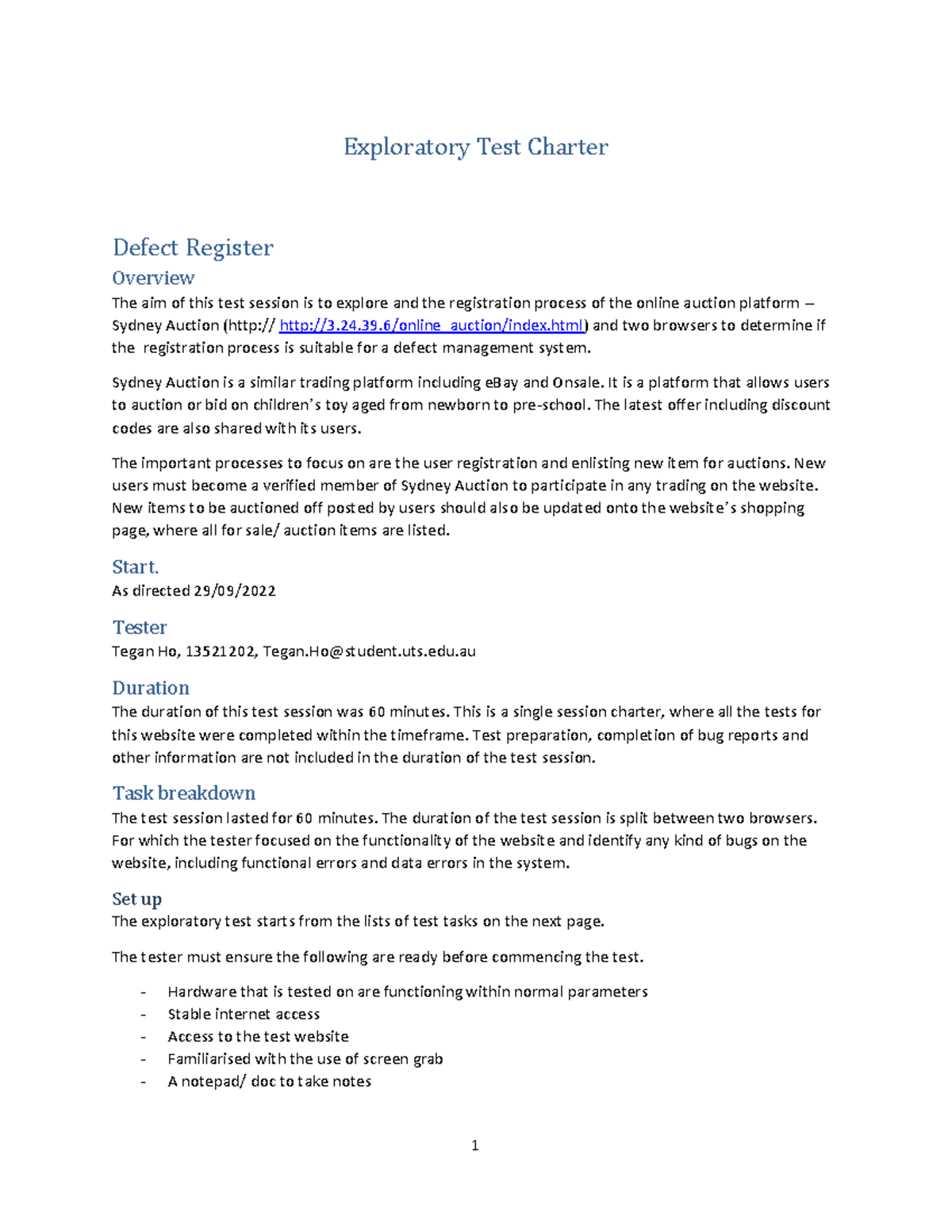 Exploratory Test Charter - Exploratory Test Charter Defect Register ...