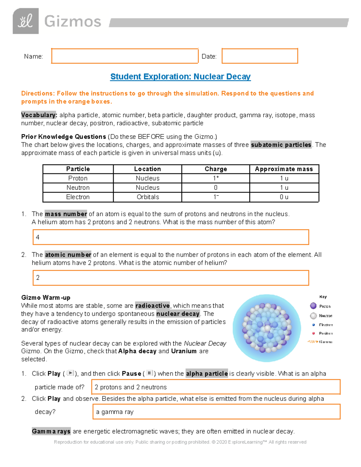 Gizmo-Nuclear Decay - Name: Date: Student Exploration: Nuclear Decay Directions: Follow the ...