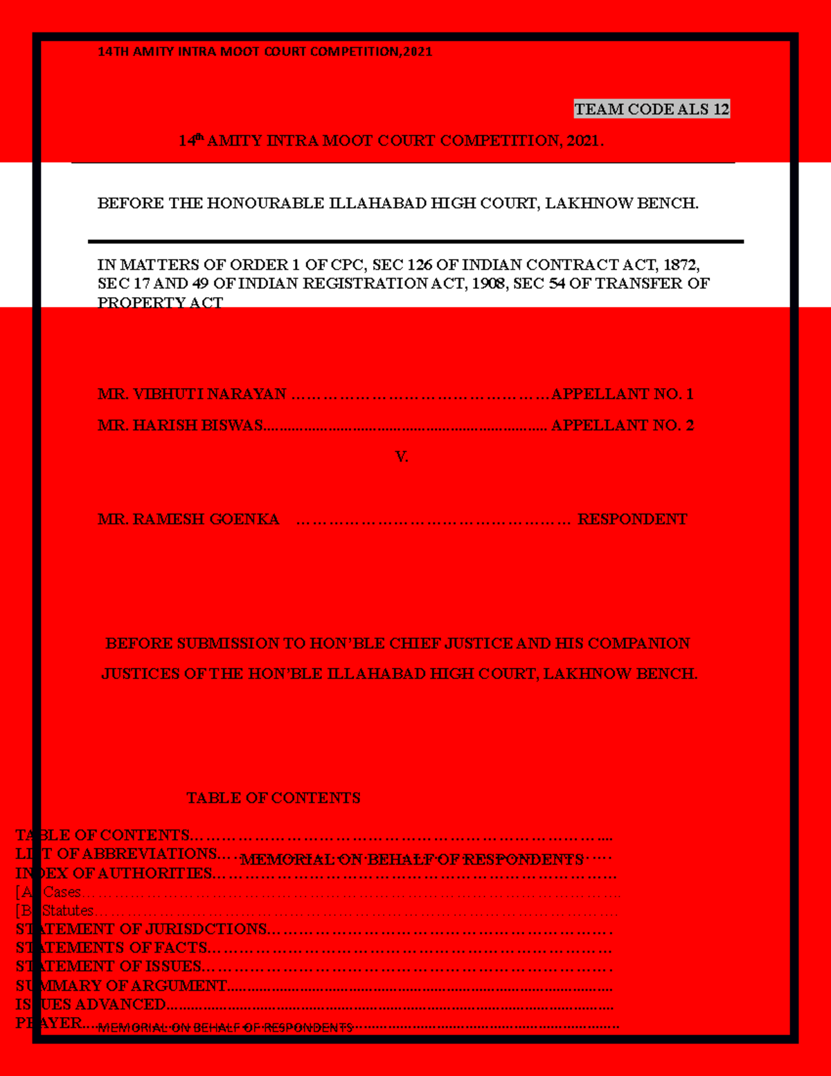 ALS 12 Respondents - Moot memorial sample - TABLE OF - Studocu