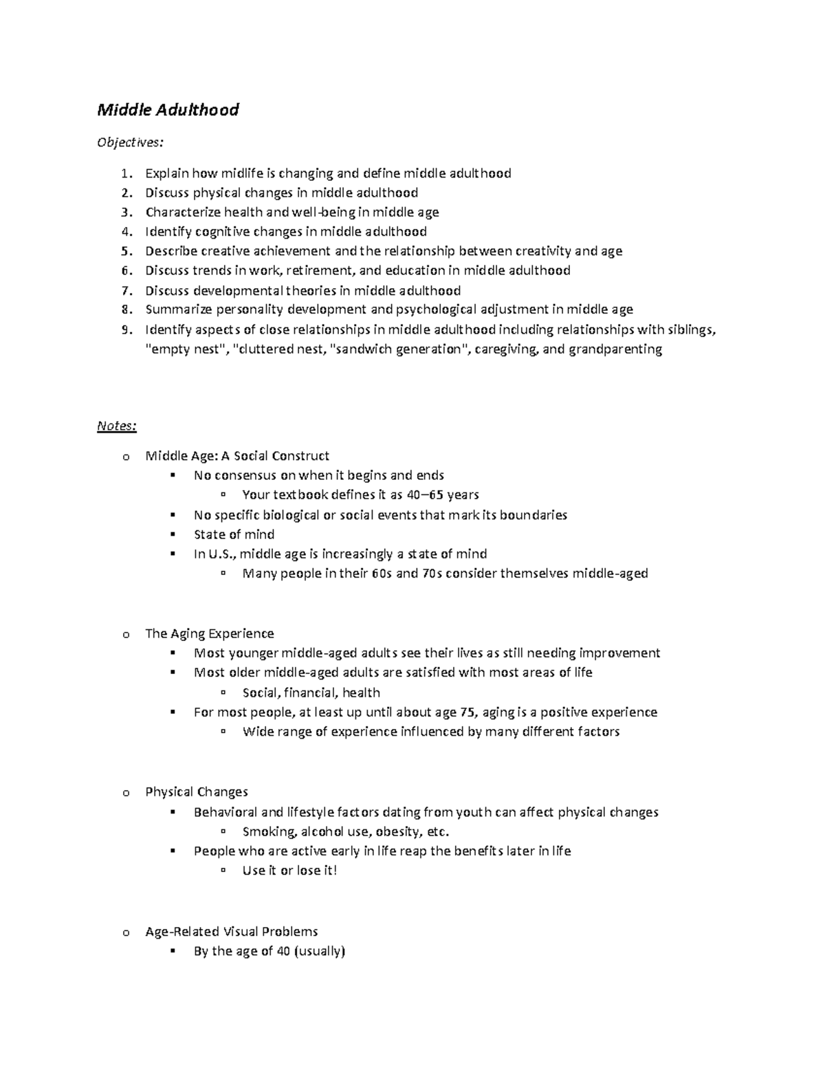 Lifespan-Middle Adulthood - Middle Adulthood Objectives: Explain how ...