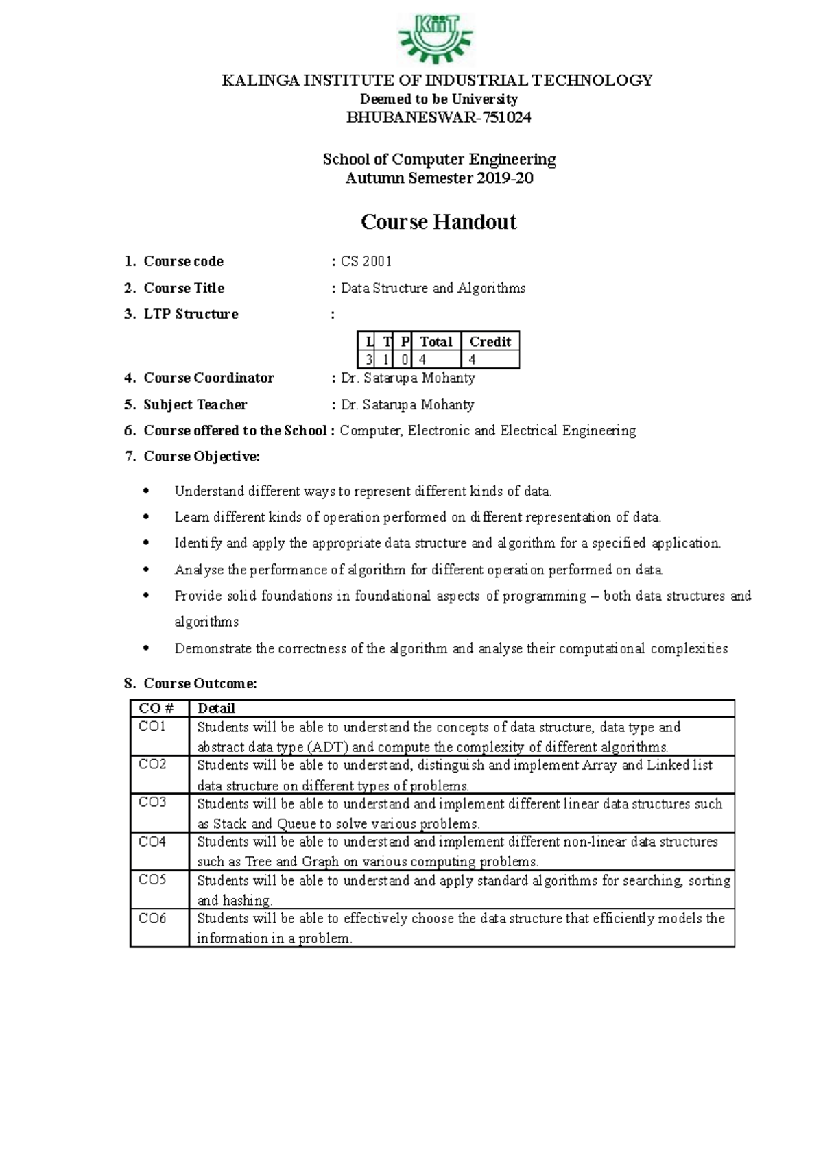Dsa Handout Course Cod Cs 2001 Kalinga Institute Of Industrial Technology Deemed To Be