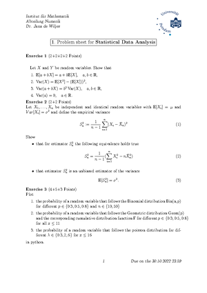 9. Problem sheet for Statistical Data Analysis - Institut für ...