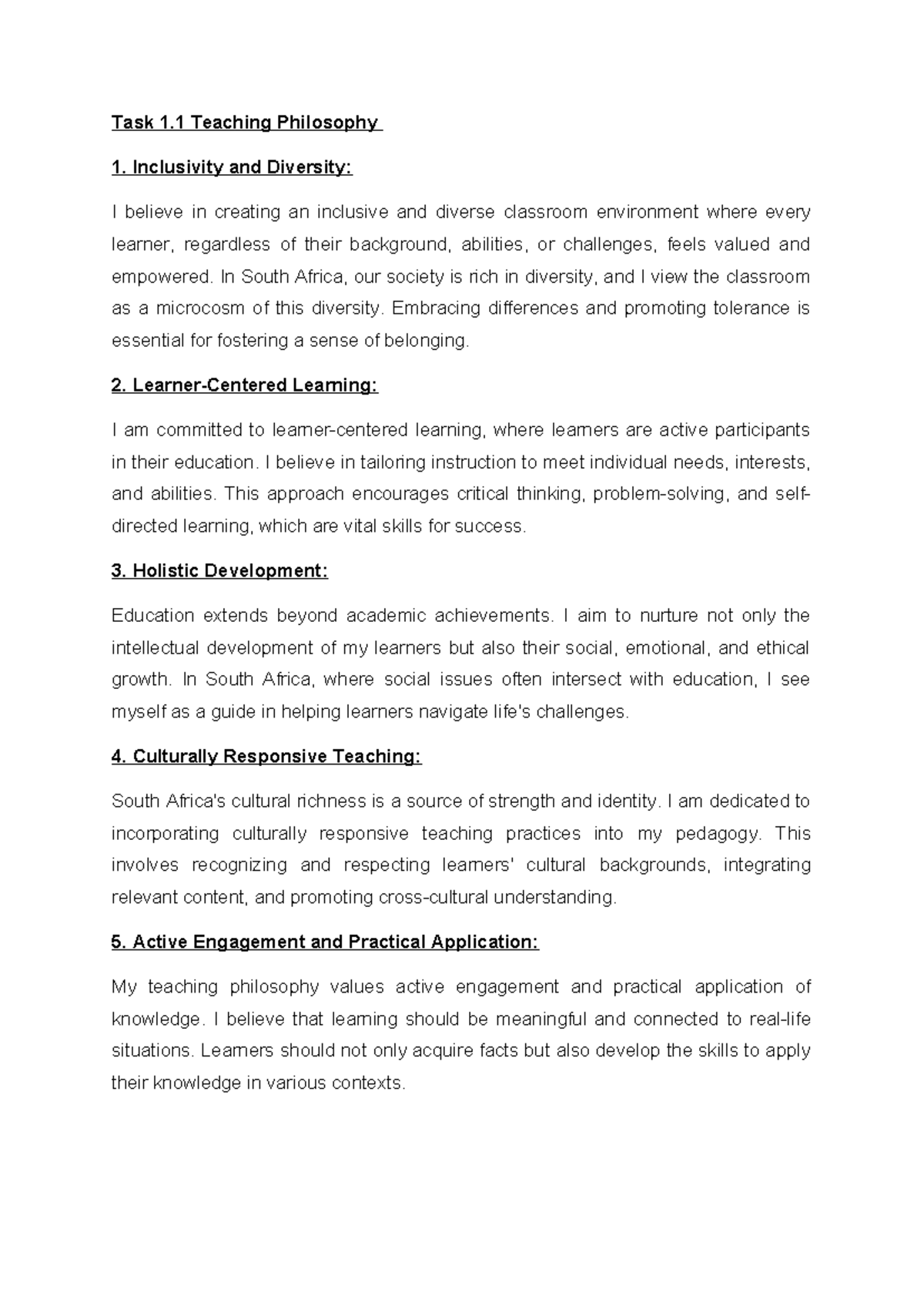 Task 1.1 Teaching Philosophy - Task 1 Teaching Philosophy Inclusivity ...