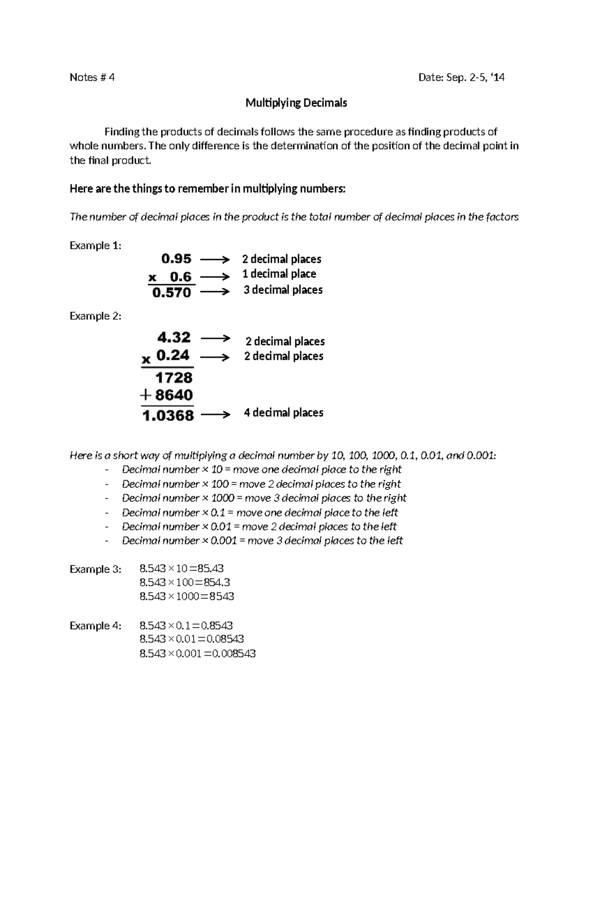Notes 4 - Mathematics - Notes # 4 Date: Sep. 2-5, ‘ Multiplying ...