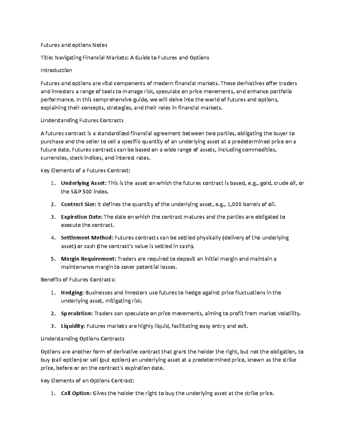 Futures and options Notes - Futures and options Notes Title: Navigating ...
