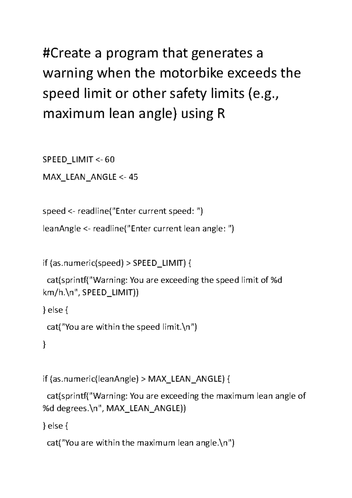 Other Safety Limits R Program That Generates A Warning When The Motorbike Exceeds The Speed