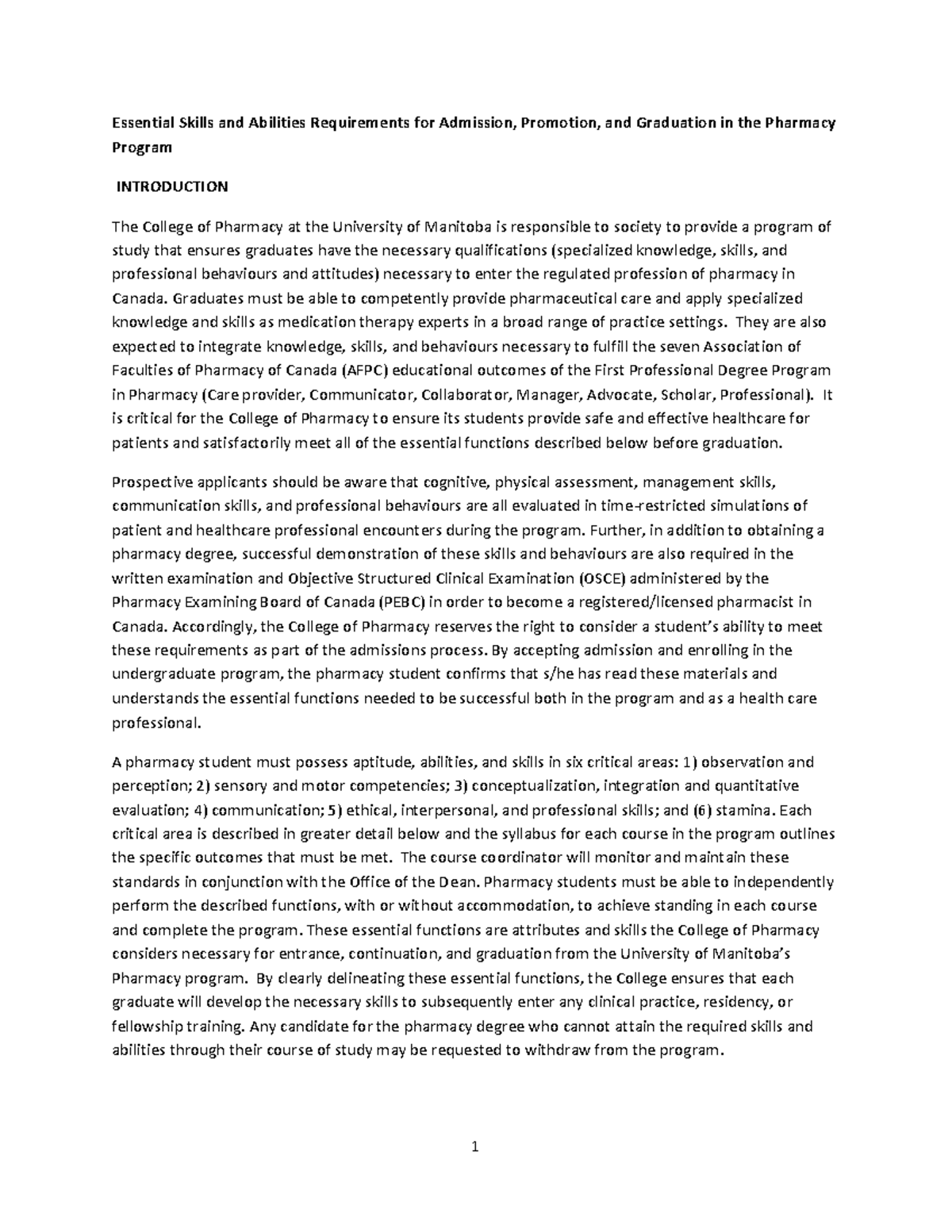 Essential Skills and Abilities Requirements for Admission Promotion and ...