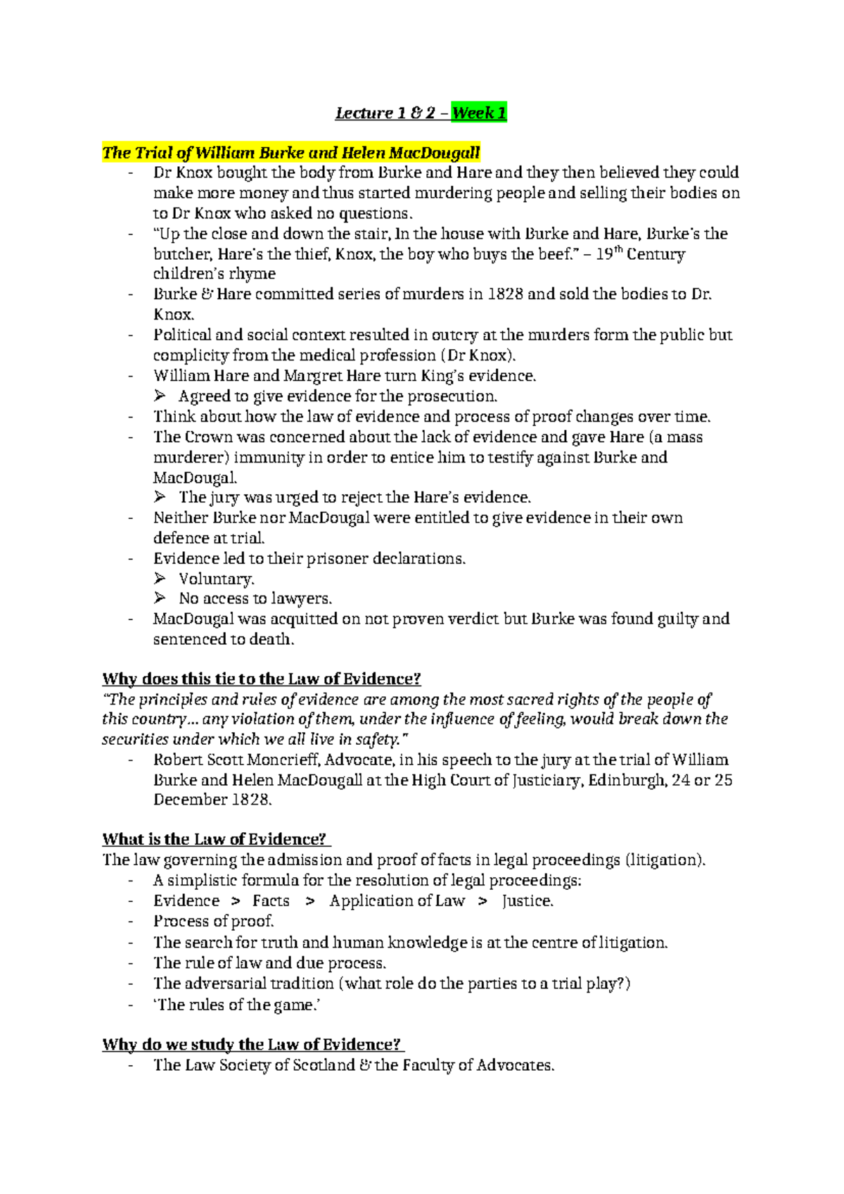 Evidence Lecture Notes - Lecture 1 & 2 – Week 1 The Trial of William ...