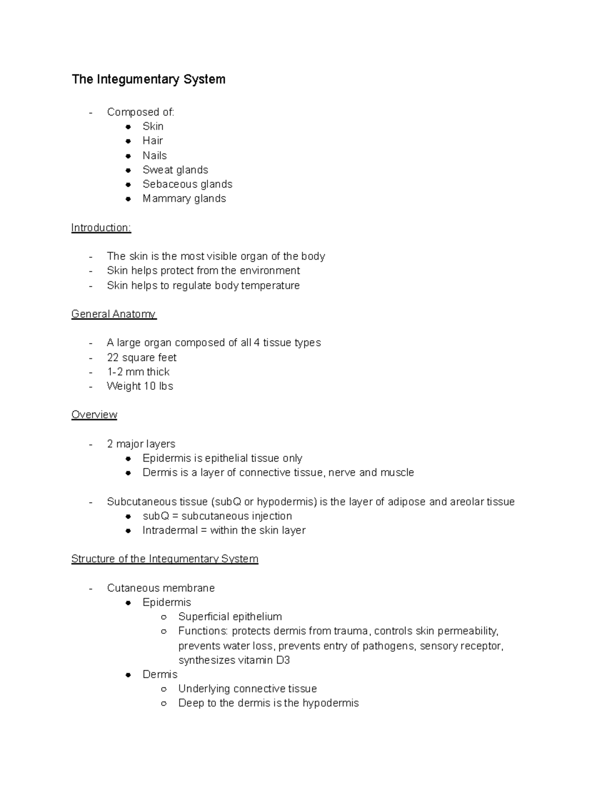 Anatomy: Integumentary System Notes - The Integumentary System Composed ...