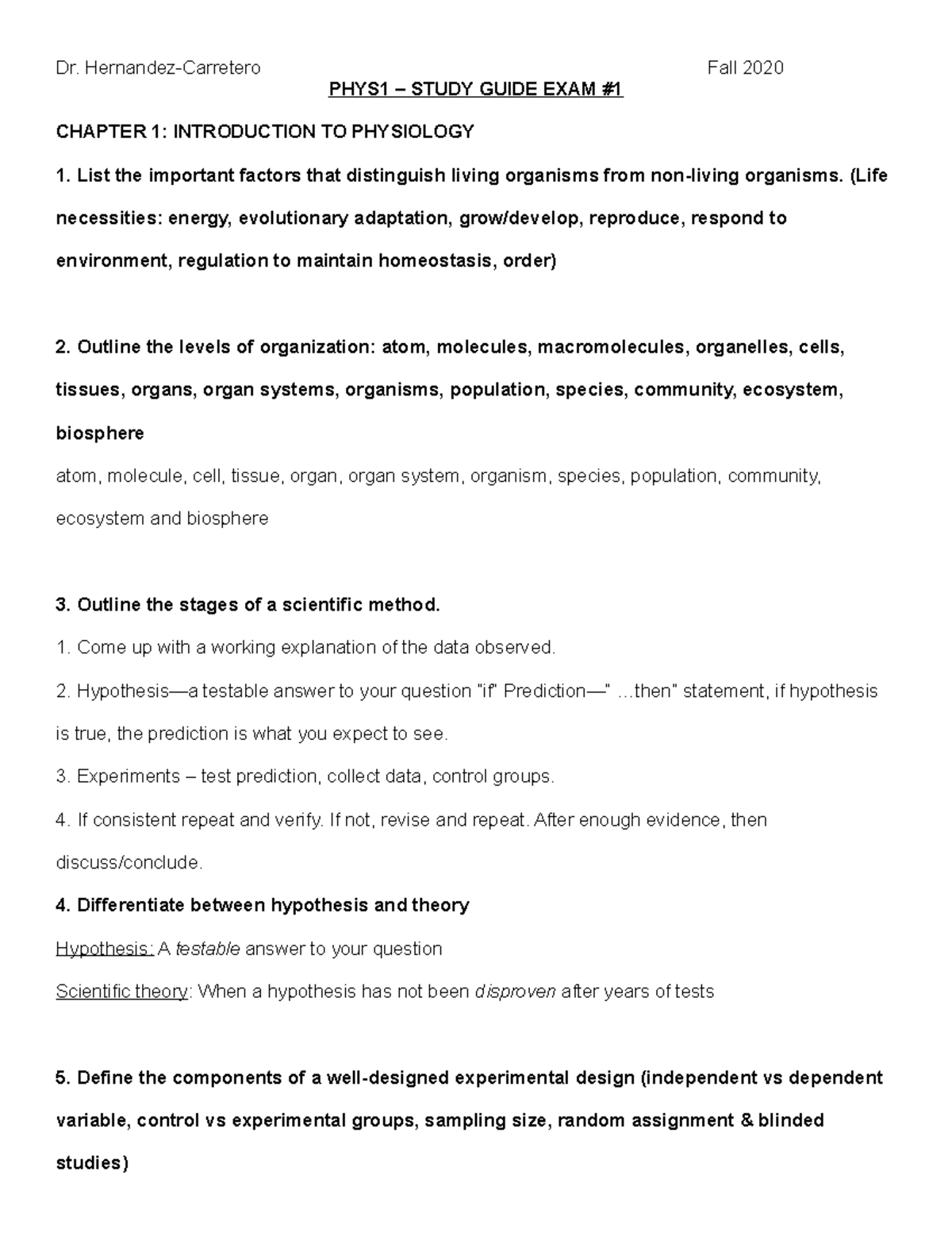 Physio Study Guide Exam 1 - PHYS1 – STUDY GUIDE EXAM CHAPTER 1 ...
