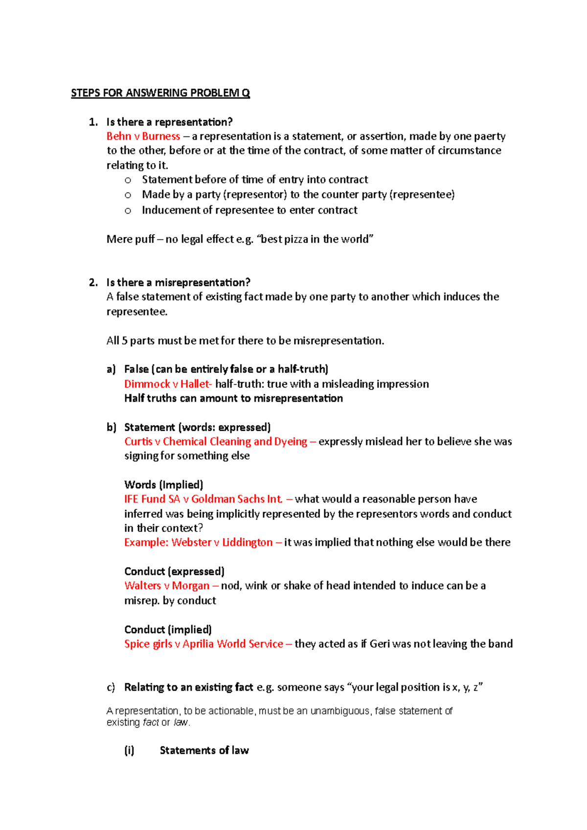 Misrepresentation: Problem Question Outline Guide - STEPS FOR ANSWERING PROBLEM Q 1. Is there a ...