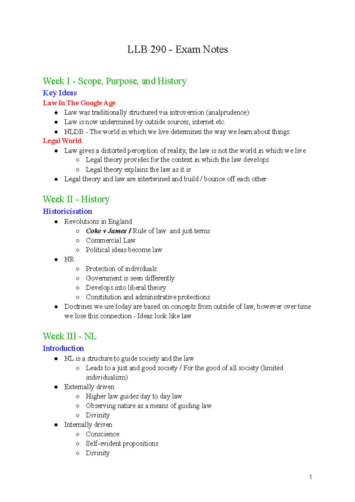 LLB 290 - Exam Notes - LLB 290 - Exam Notes Week I - Scope, Purpose ...
