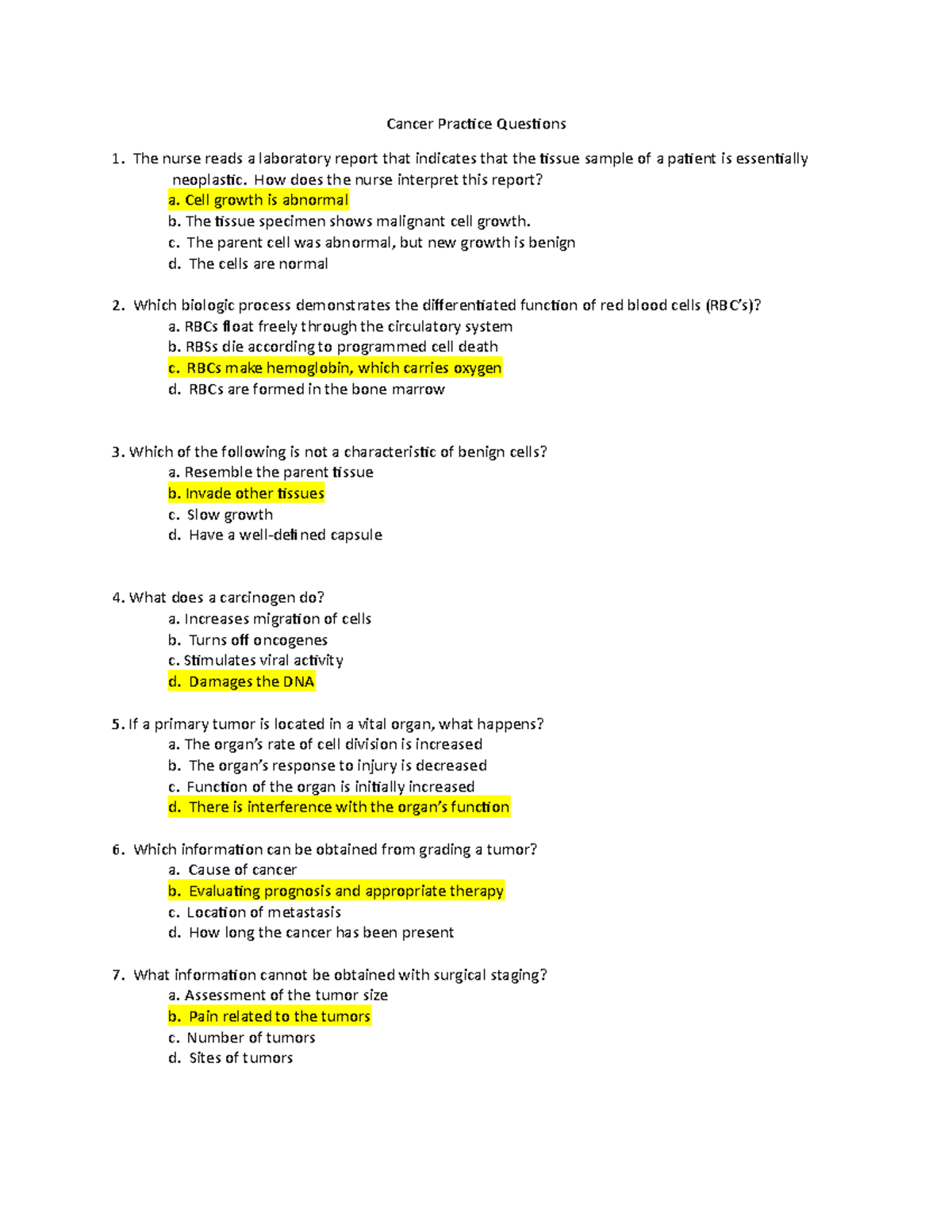 Answers Cancer Practice Questions - Cancer Practice Questions The nurse ...