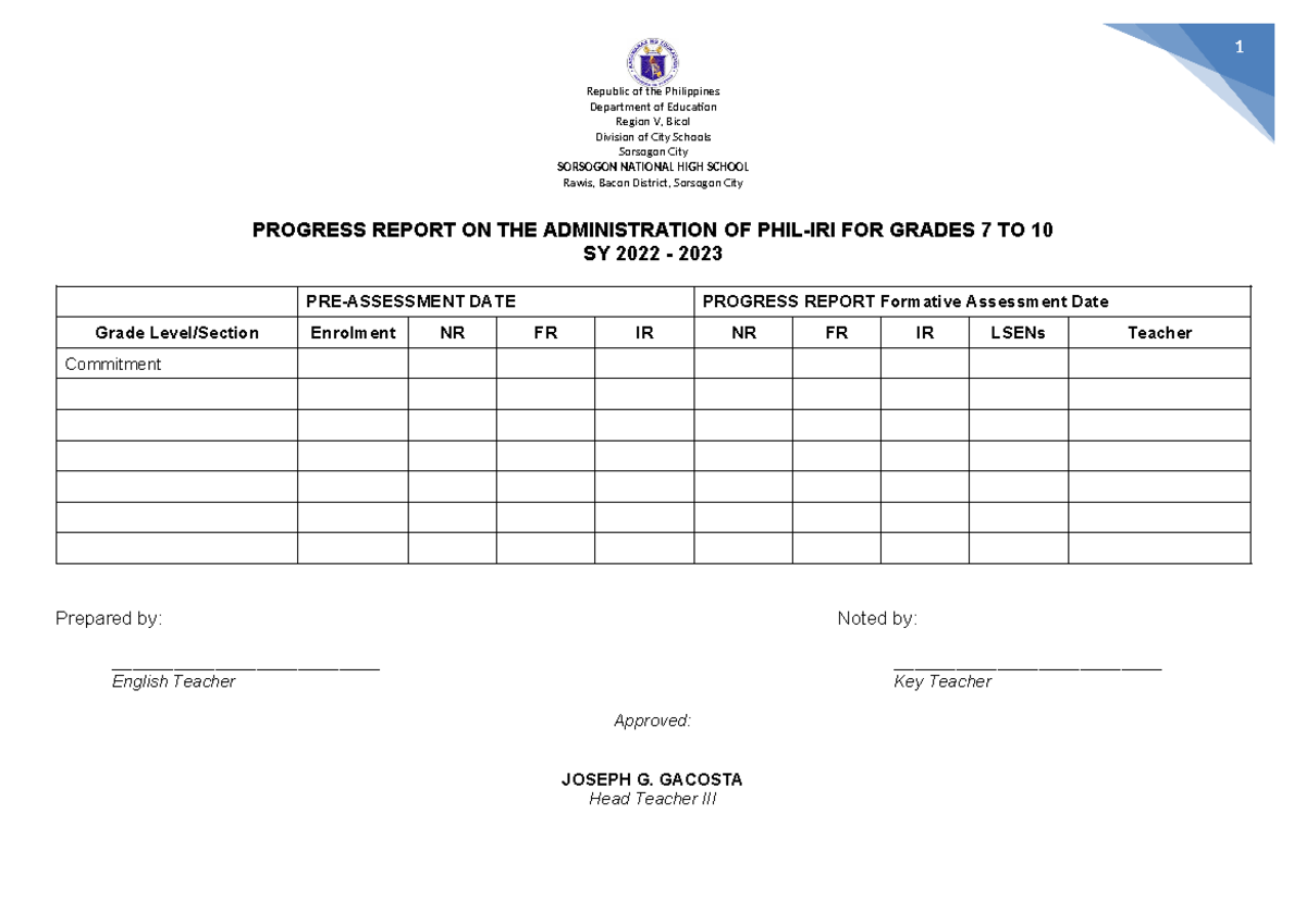 Progress-Report-teacher - 1 Republic of the Philippines Department of ...