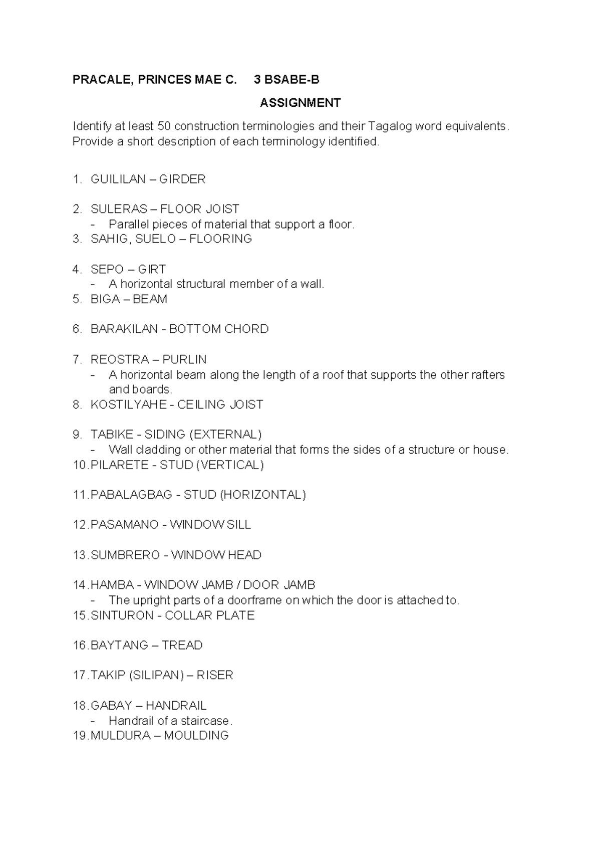 Assign 2 - PRACALE, PRINCES MAE C. 3 BSABE-B ASSIGNMENT Identify at least 50 construction - Studocu