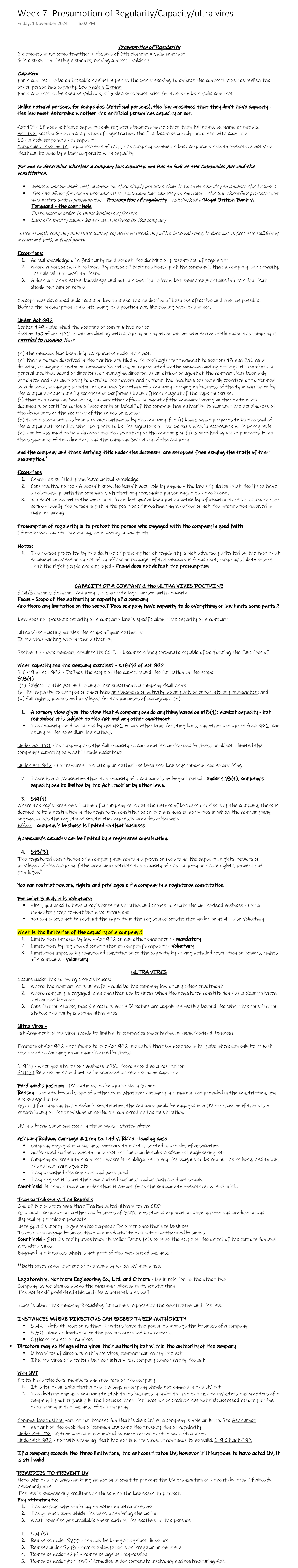 Week 7- Presumption of Regularity Capacityultra vires - Presumption of ...