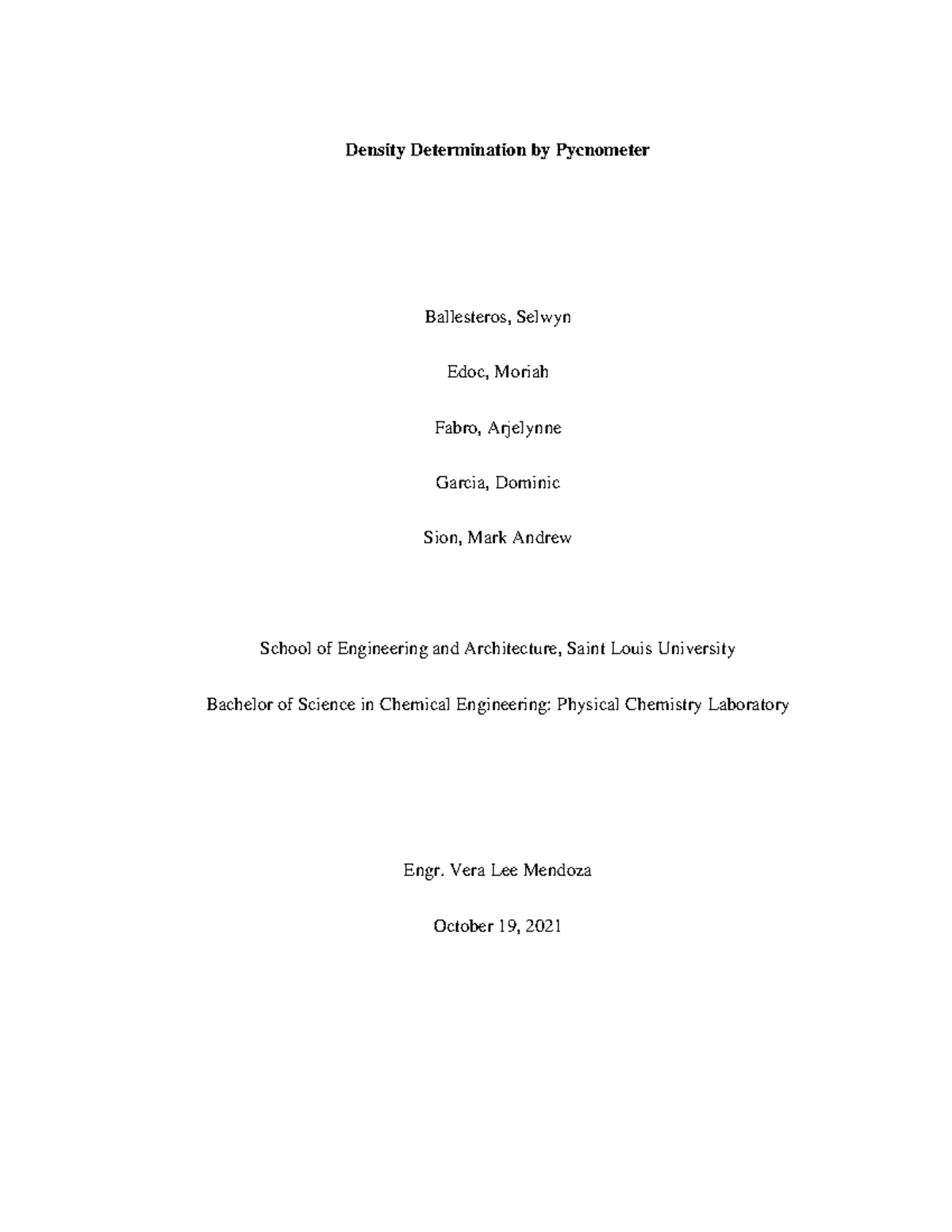 3417 CHE 2131L Experiment 1 SION MARK Andrew - Density Determination by ...