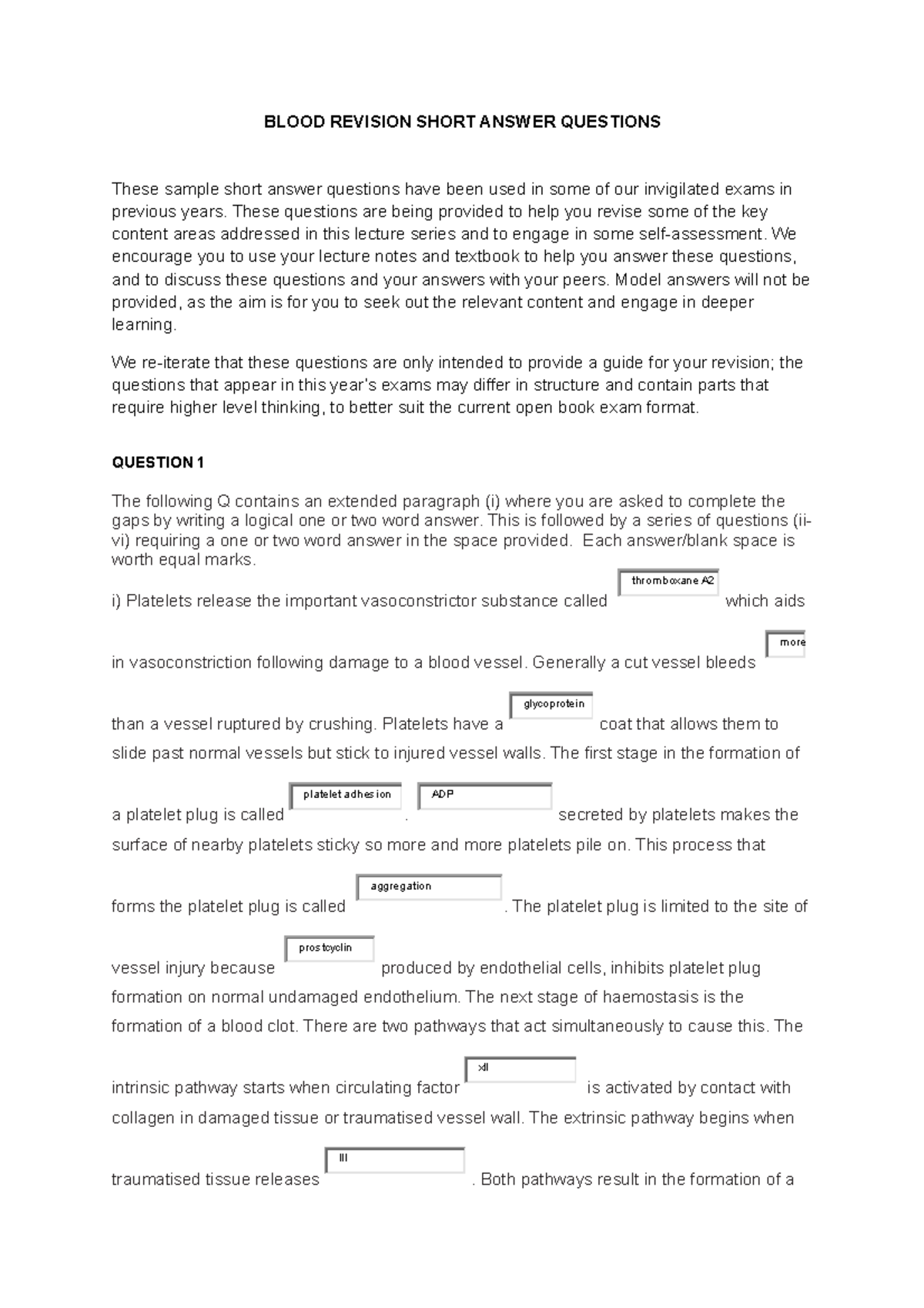 Blood-SAQs - blood short answer questions - BLOOD REVISION SHORT ANSWER ...