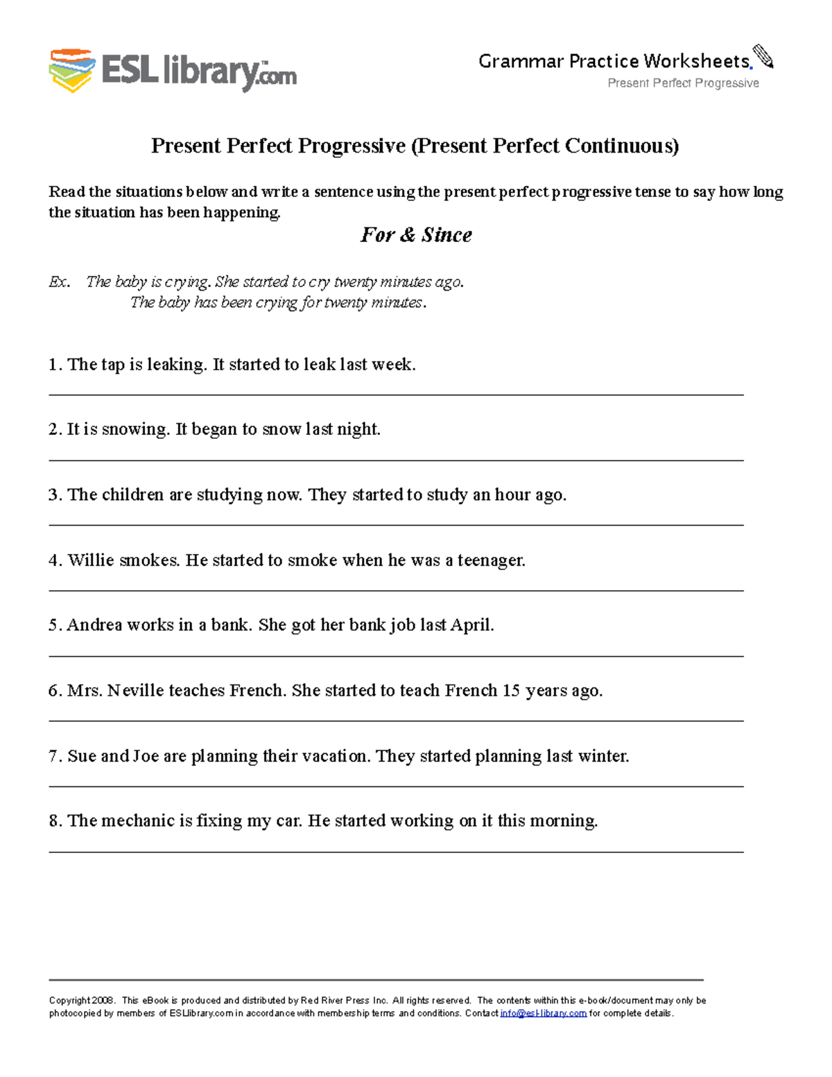 Since and for, class activity - Present Perfect Progressive (Present ...