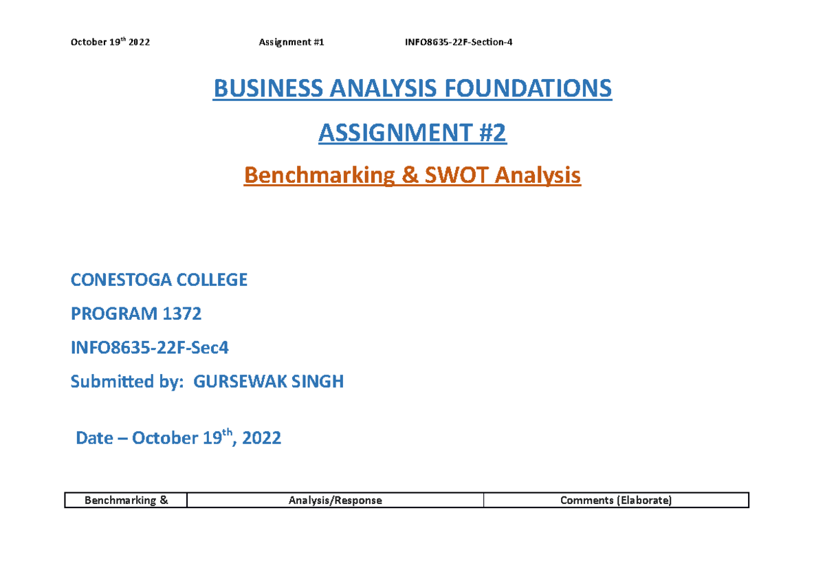 BAF Assign 2 - BUSINESS ANALYSIS FOUNDATIONS ASSIGNMENT Benchmarking ...