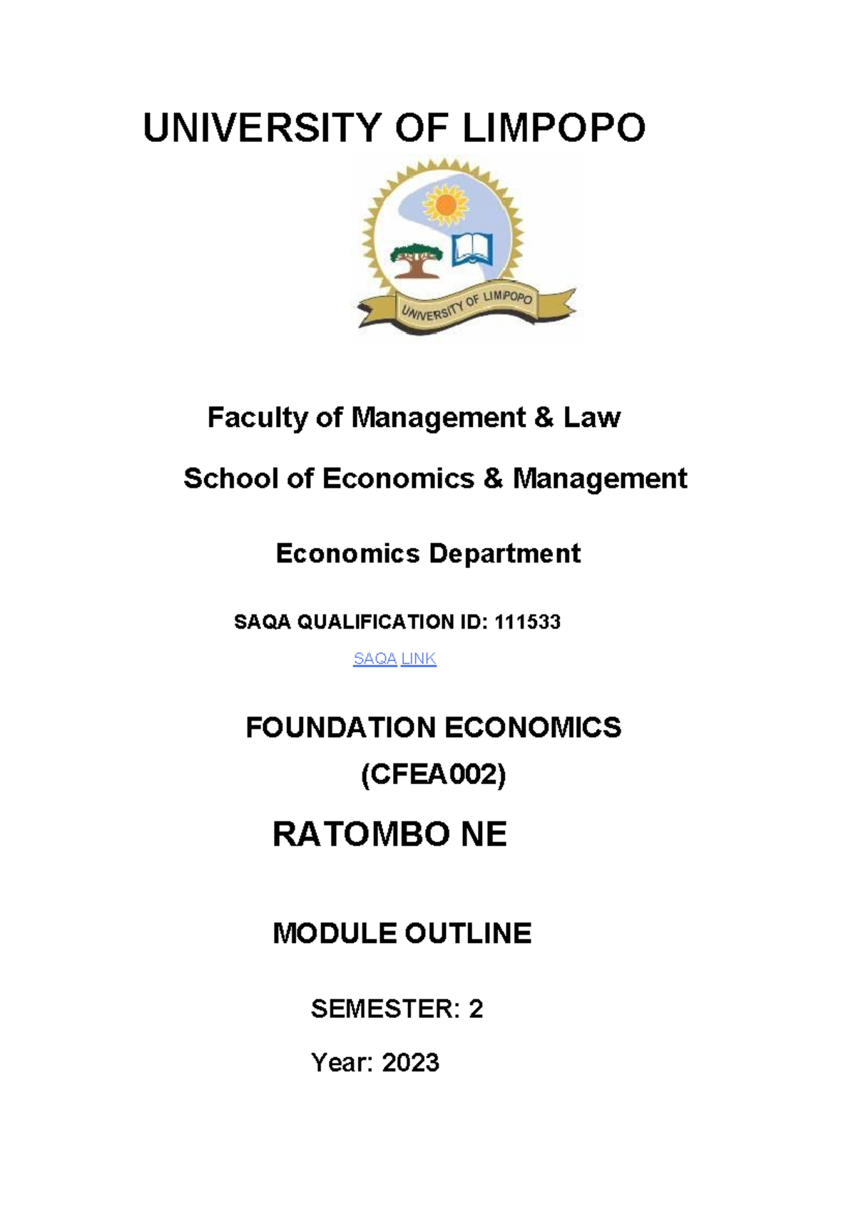 CFEA 002 Module Outline 2023 - UNIVERSITY OF LIMPOPO Faculty of ...