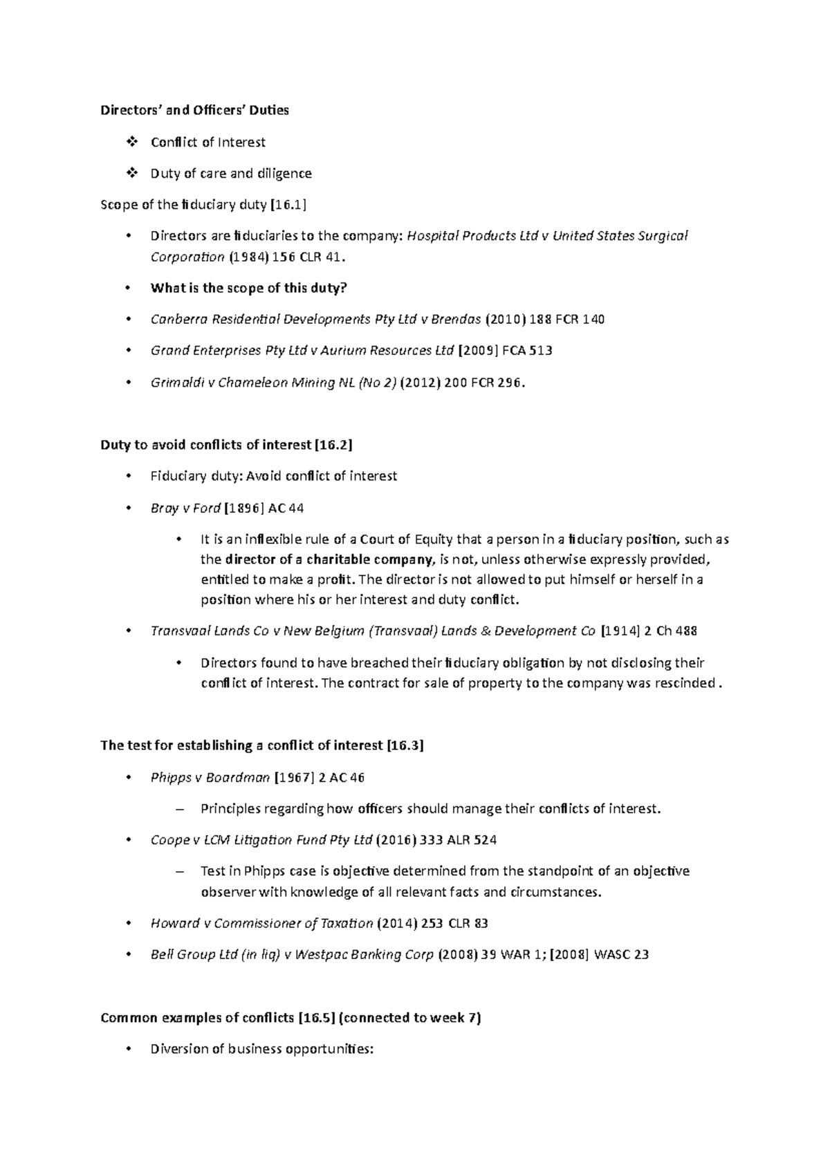 Week 8 Directors Duties - Directors’ and Officers’ Duties Conflict of ...
