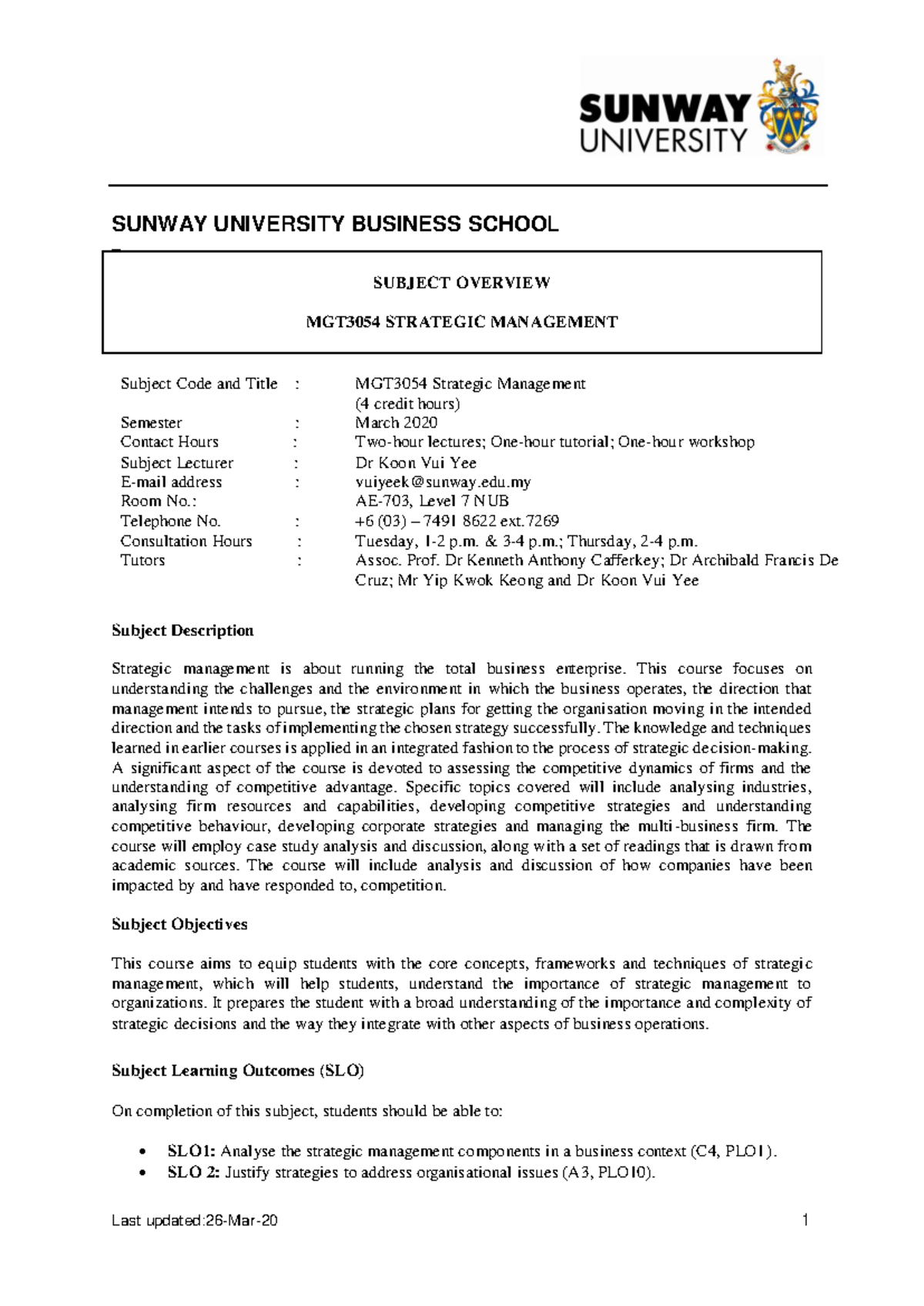 Subject Overview - Summary Strategic Management - SUNWAY UNIVERSITY ...