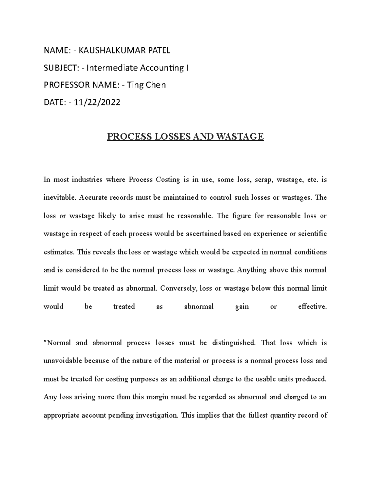 Process Losses AND Wastage - NAME: - KAUSHALKUMAR PATEL SUBJECT ...