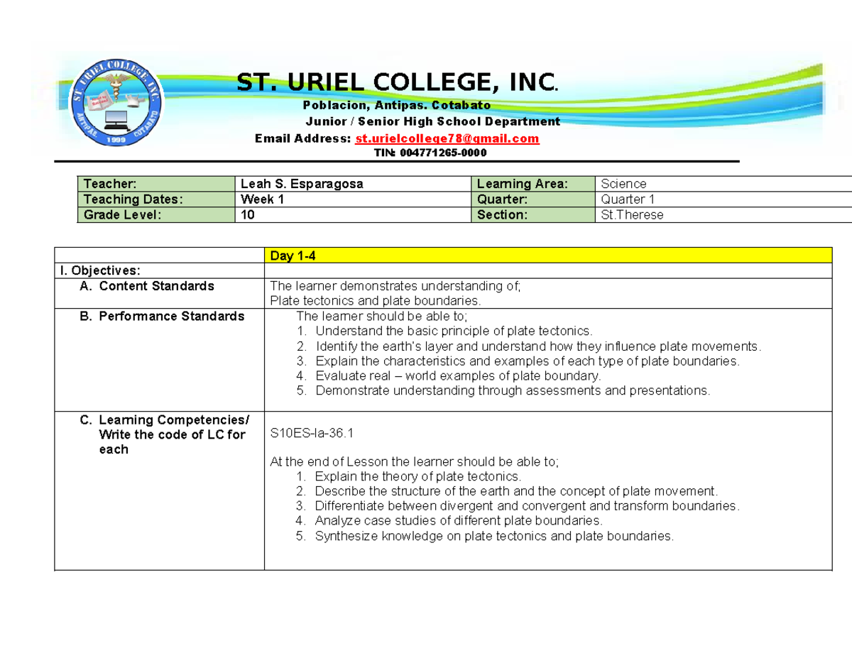 Daily Lesson Plan grade 10 week 1 - Teacher: Leah S. Esparagosa ...