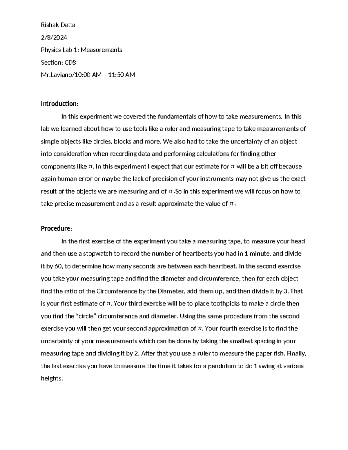 Phys 207 Lab 1 Report - PHYS 207 LAB 1 - Rishak Datta 2/8/ Physics Lab ...