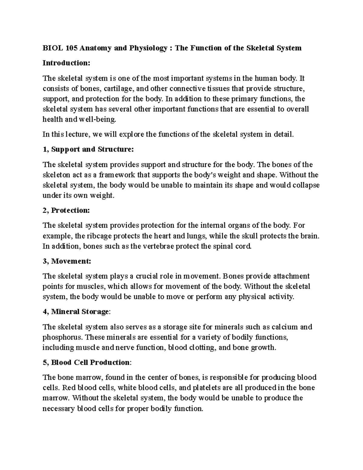 BIOL 105 Anatomy and Physiology The Function of the Skeletal System ...