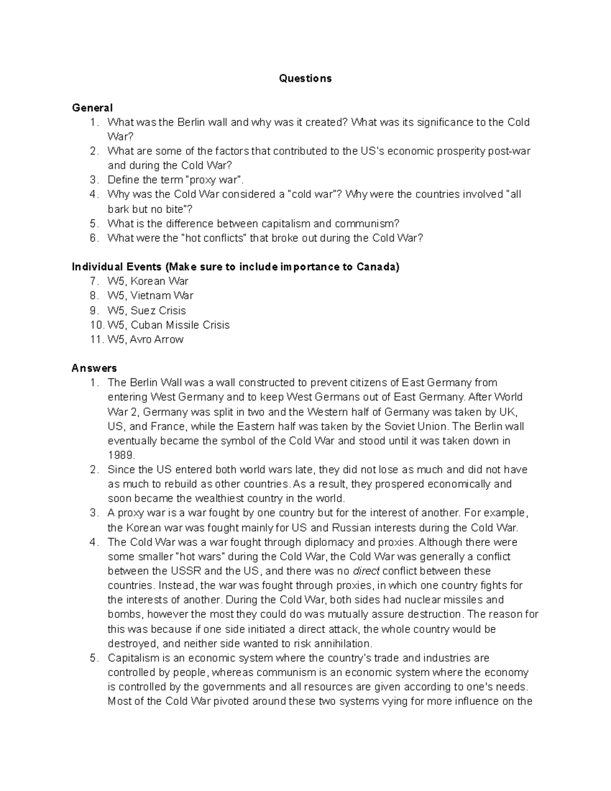 Cold War Practice Questions and Answers - Questions General 1. What was ...