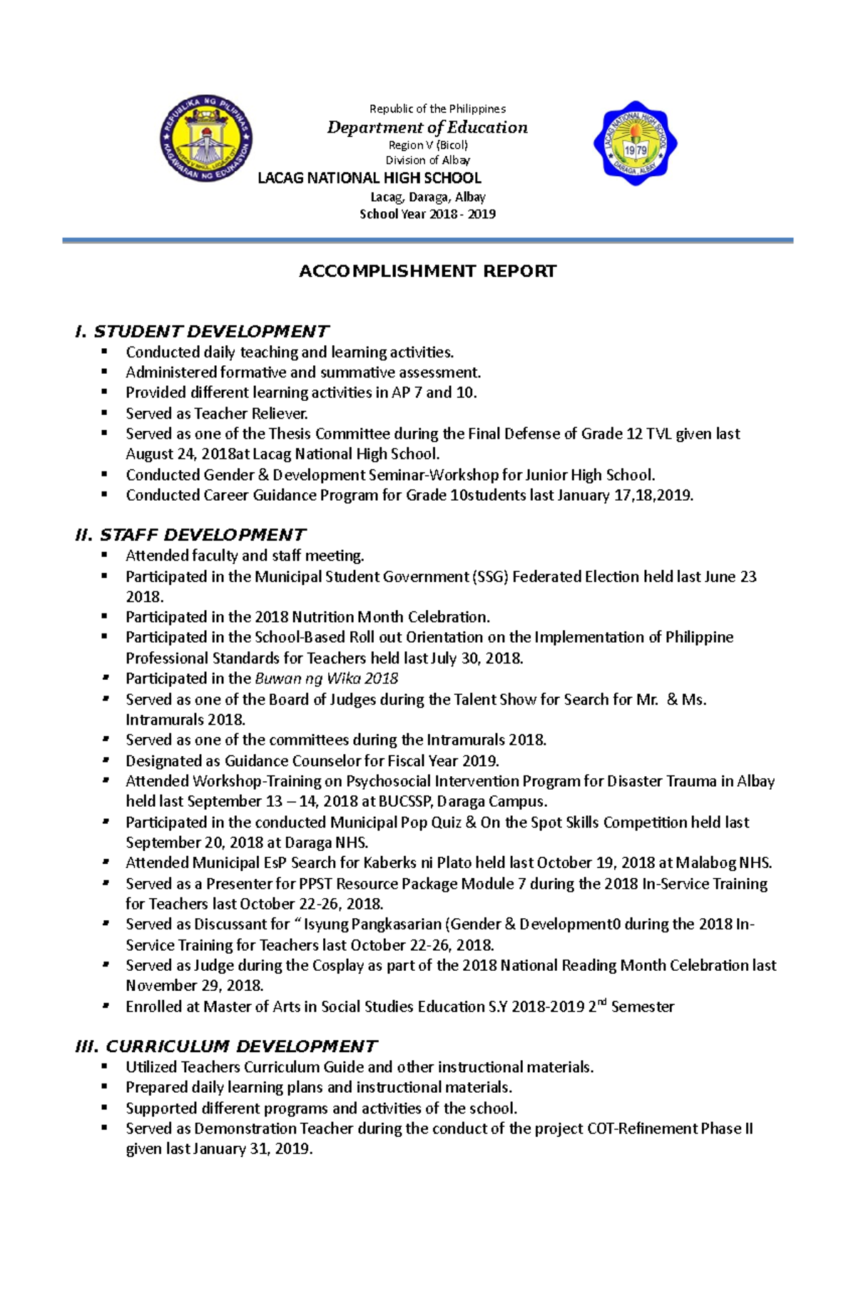 Accomplishment-Report - Republic of the Philippines Department of Education Region V (Bicol ...