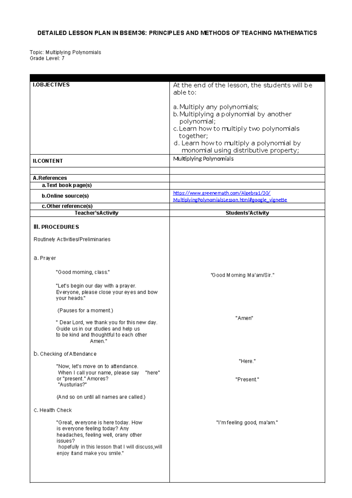Leason-plan - DETAILED LESSON PLAN IN BSEM 36: PRINCIPLES AND METHODS ...