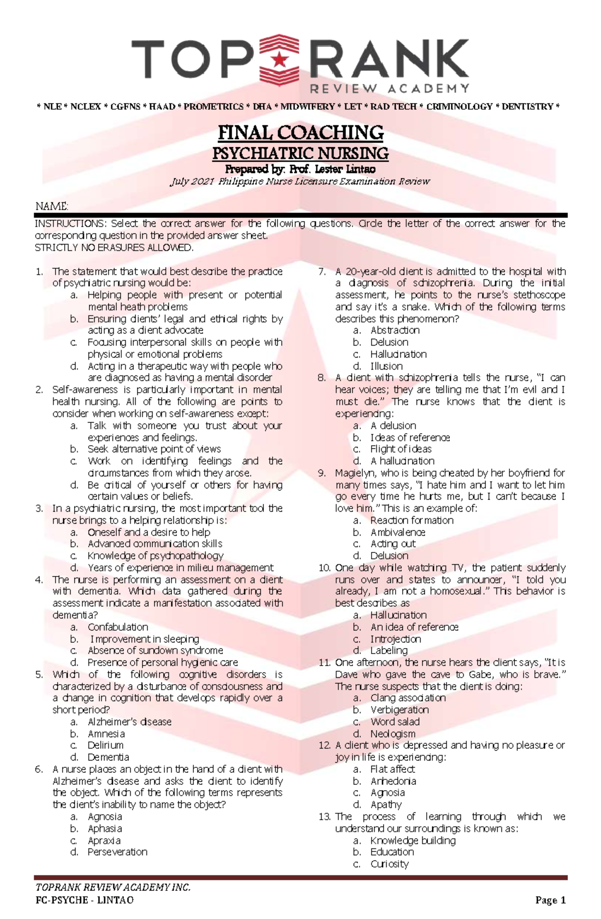 FC - Pysche - Just and practice - TOPRANK REVIEW ACADEMY INC. FINAL COACHING PSYCHIATRIC NURSING ...