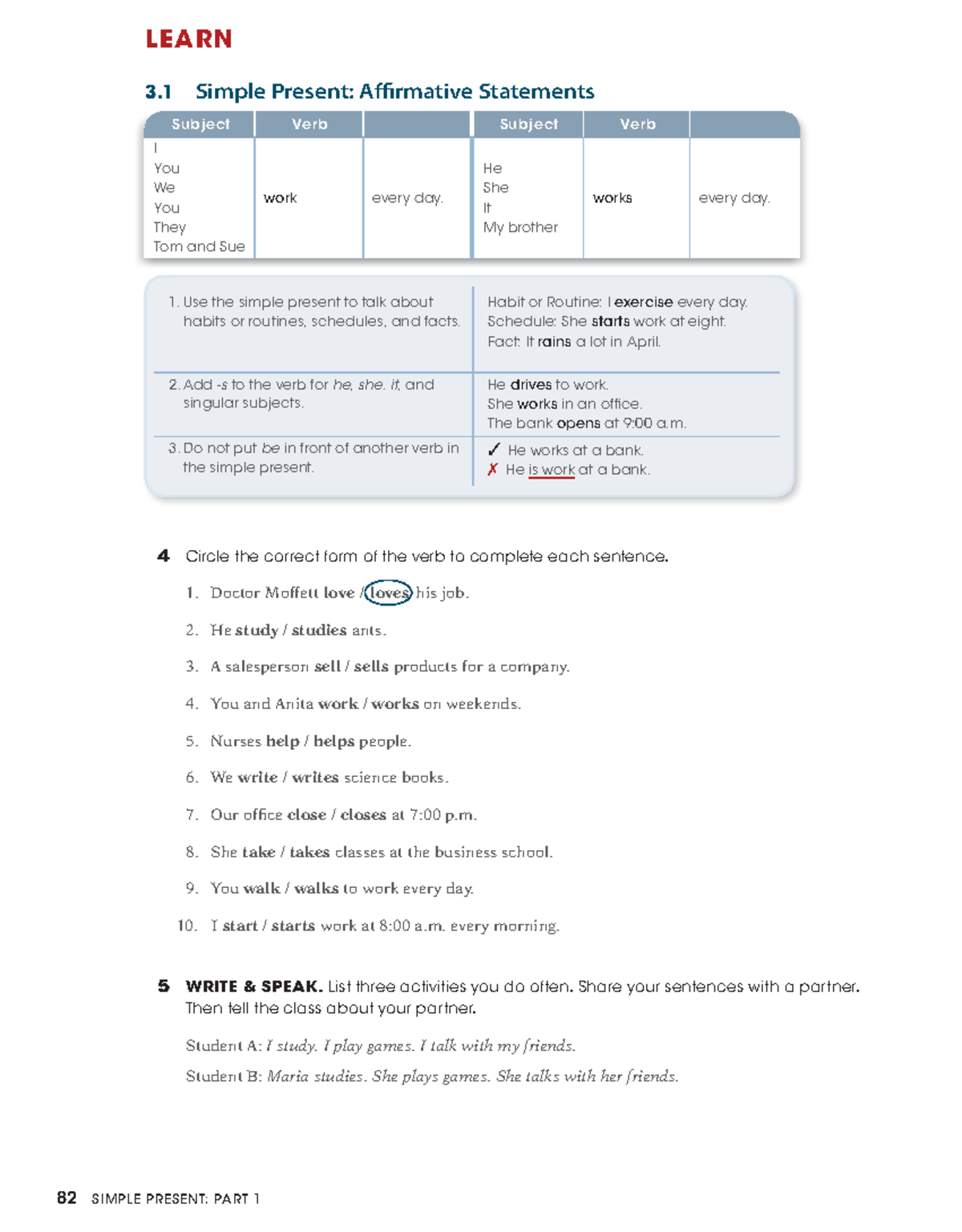 Simple present review-2 - 82 Simple preSent: pArt 1 LEARN 4 Circle the ...