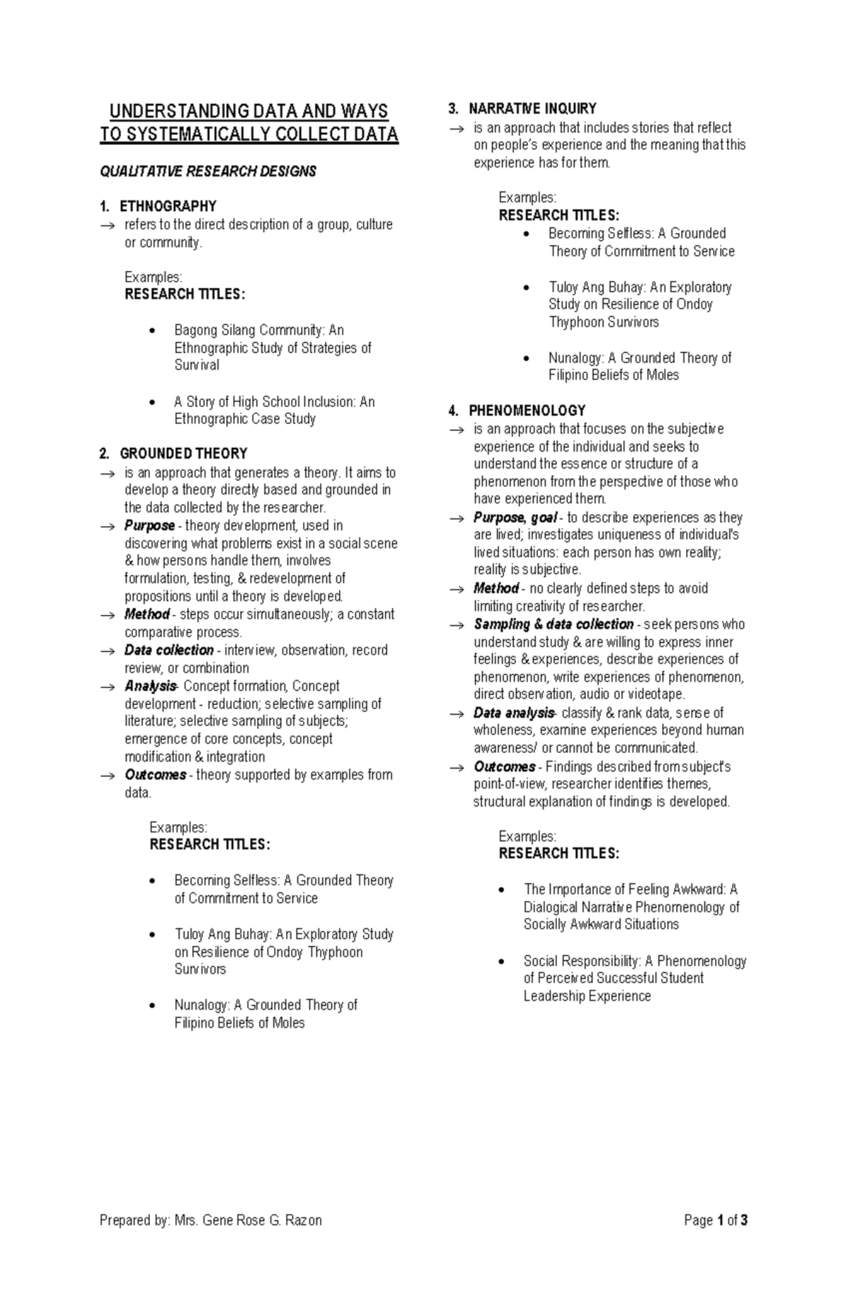 HandOut Quarter 4- Methodology - Prepared by: Mrs. Gene Rose G. Razon Page 1 of 3 UNDERSTANDING ...