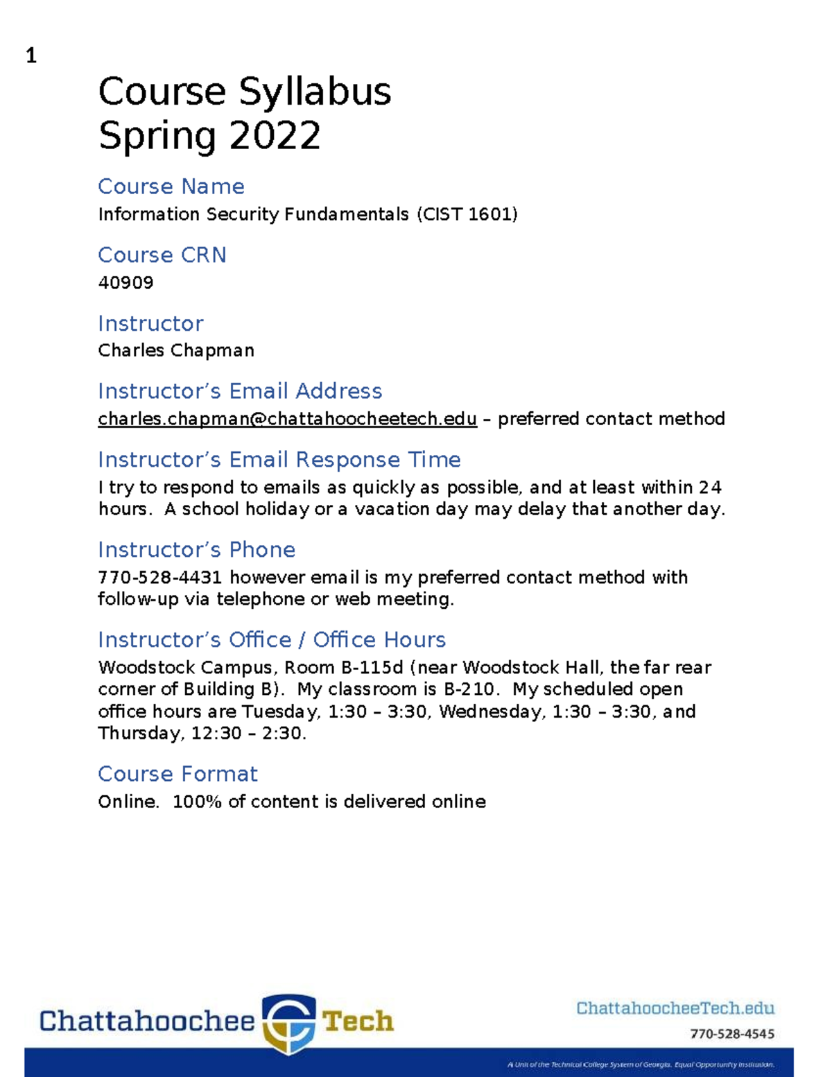 Spring 2022 Syllabus CIST 1601 - 40909(v1) - Tagged - Course Syllabus ...
