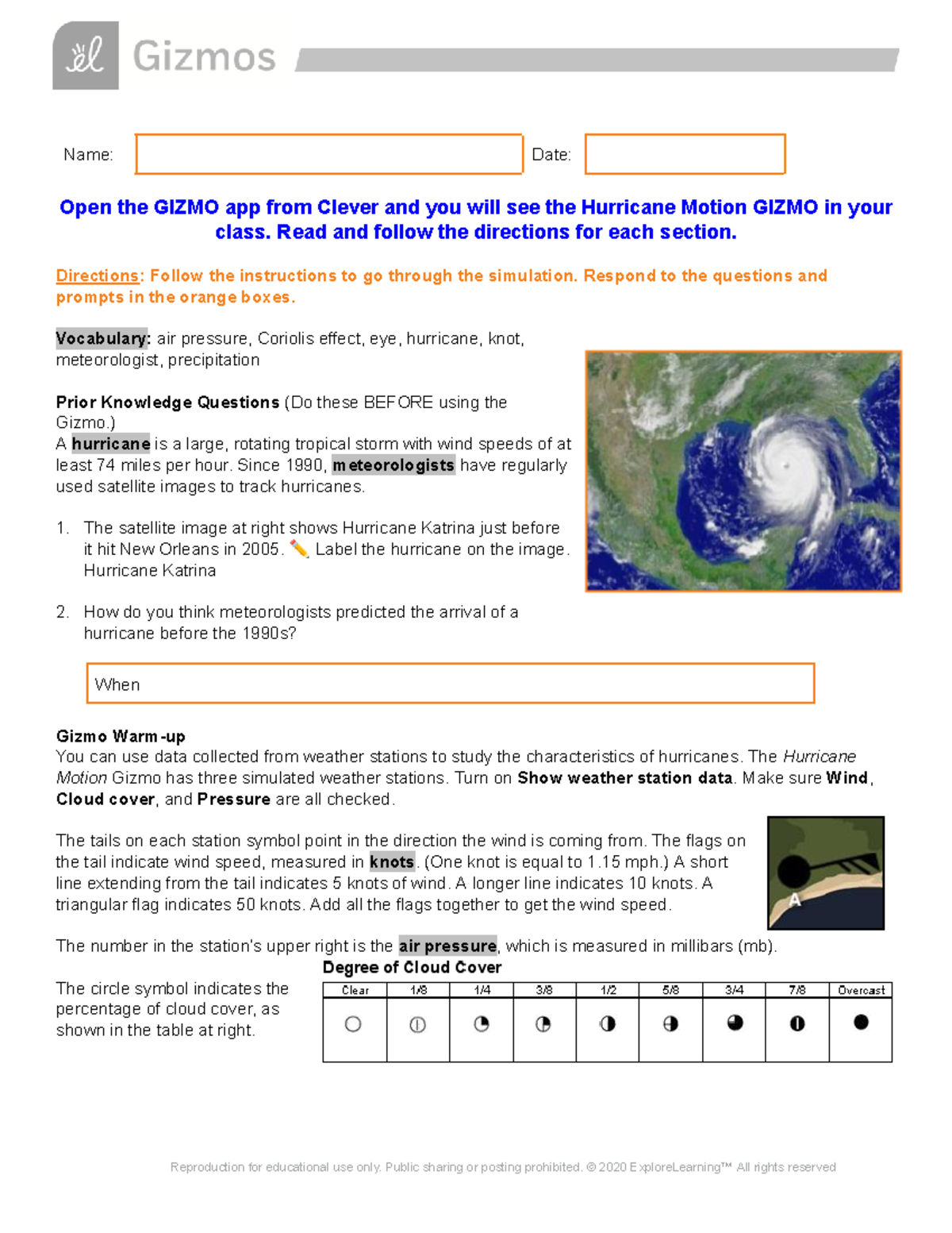 Copy of Hurricane Motion SE - Name: Date: Open the GIZMO app from ...