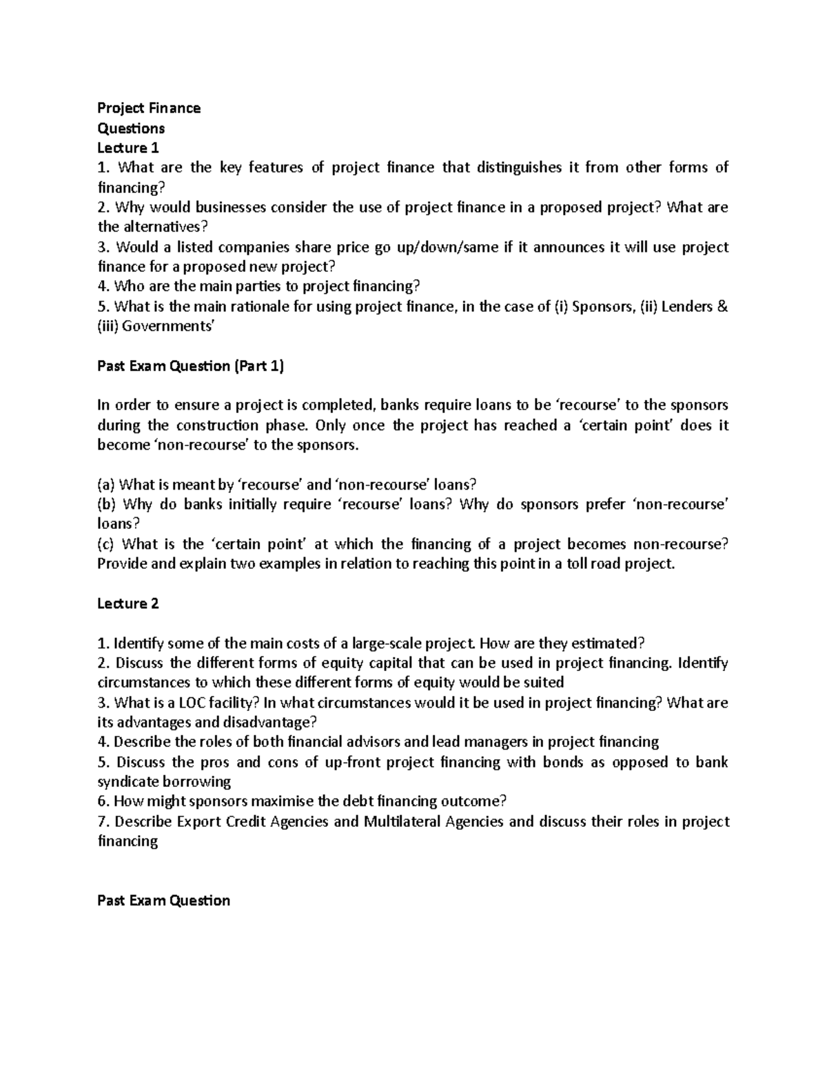 Project Finance Practise Questions - Project Finance Questions Lecture ...
