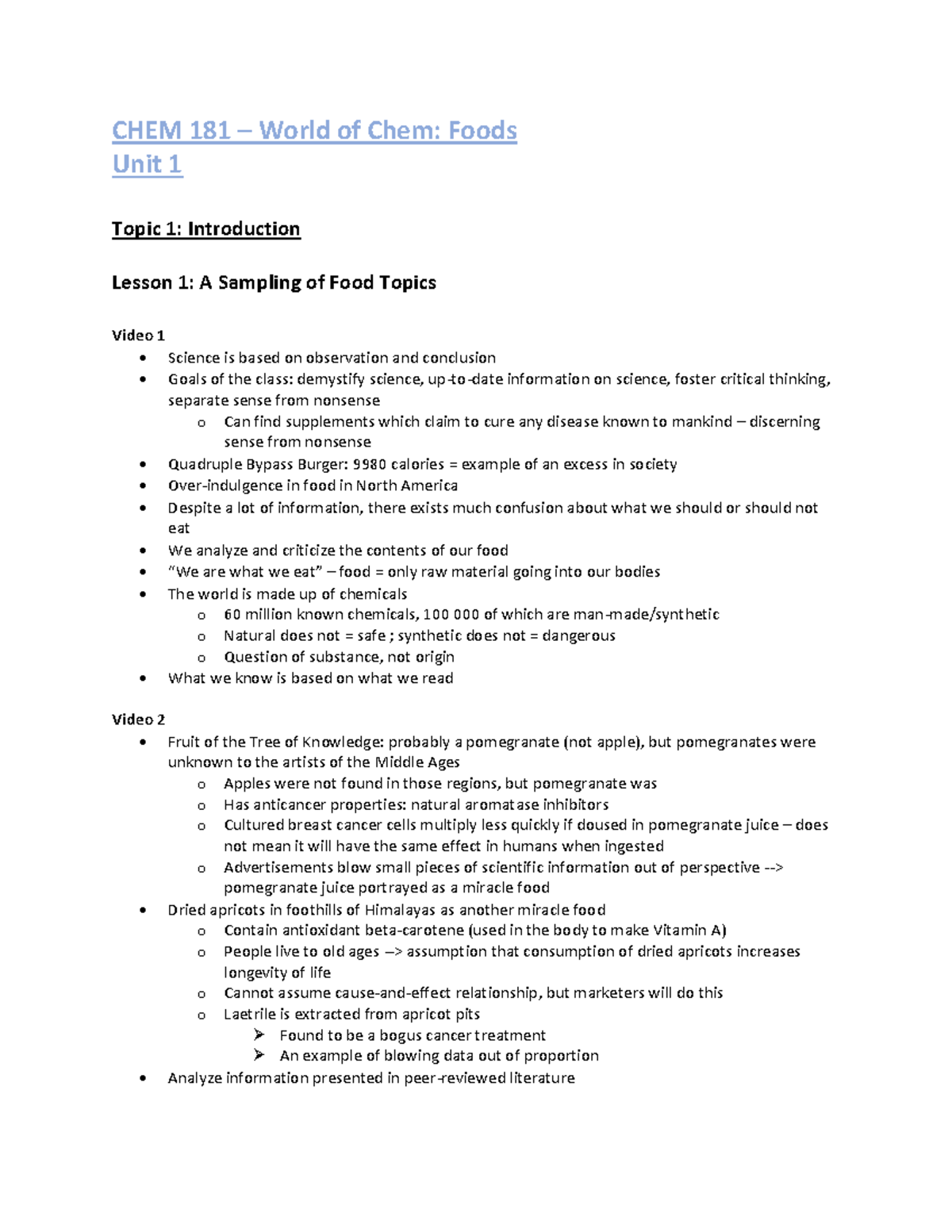 CHEM 181 - Unit 1 Notes - CHEM 181 – World of Chem: Foods Unit 1 Topic ...