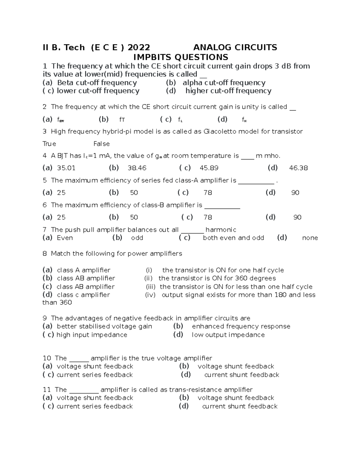 Analog Circuits IMP Bits Questions - 2022 - II B. Tech (E C E ) 2022 ...