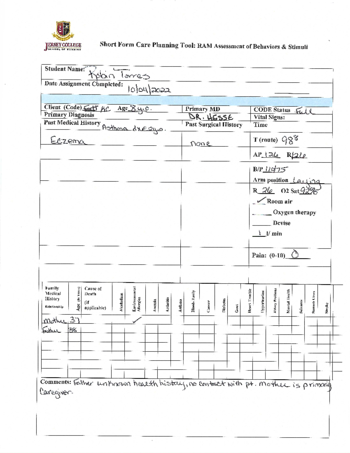 Care Plan Peds - VSIM Care plan for Peds - He SB ERSEY COLLEGE Short ...