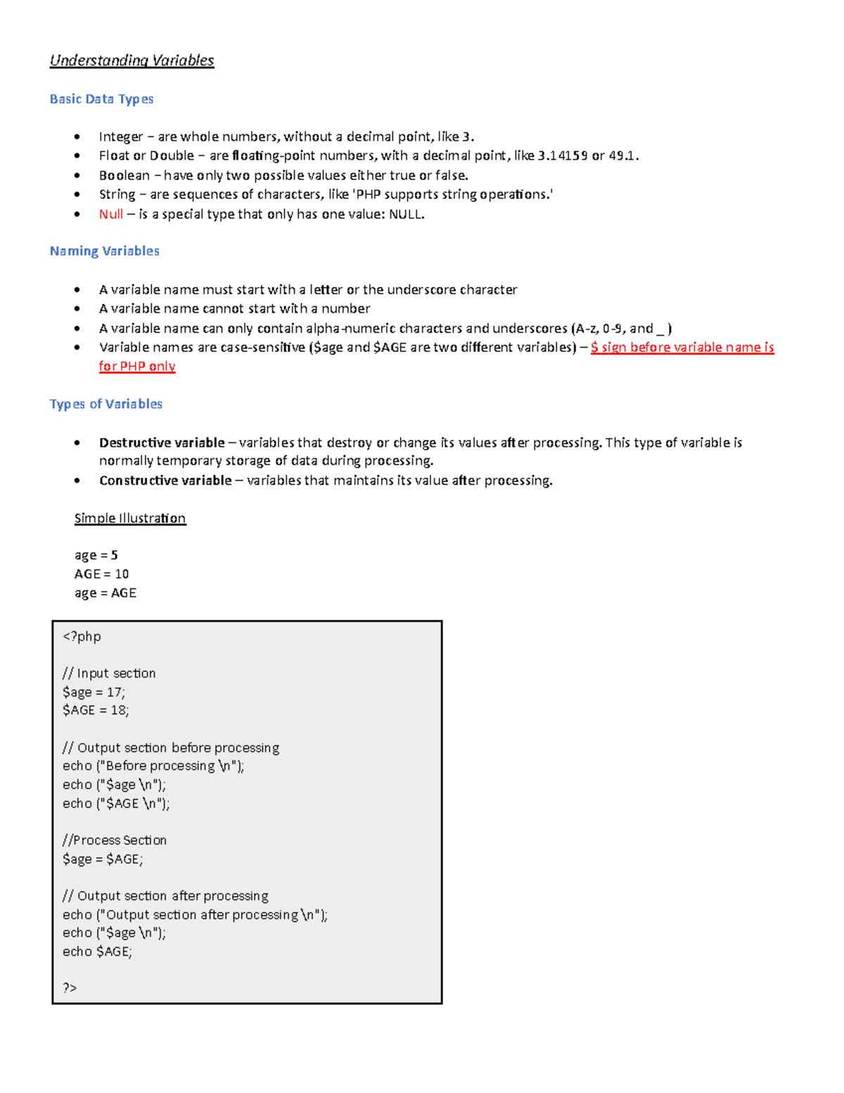 Programming Basics In Php Understanding Variables Basic Data Types Integer − Are Whole