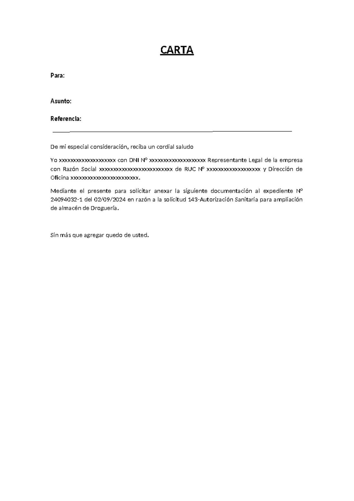 Modelo de Carta - CARTA Para: Asunto: Referencia: De mi especial ...