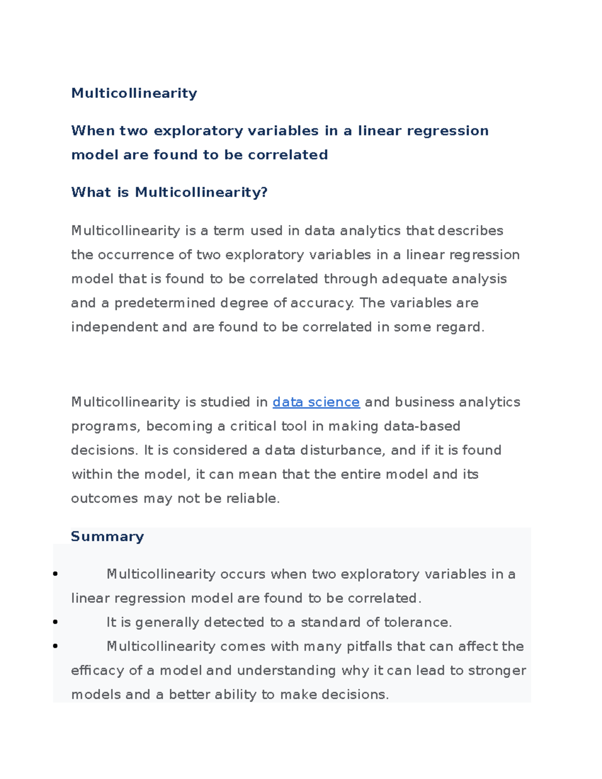 Multicollinearity - Multicollinearity When two exploratory variables in a linear regression ...